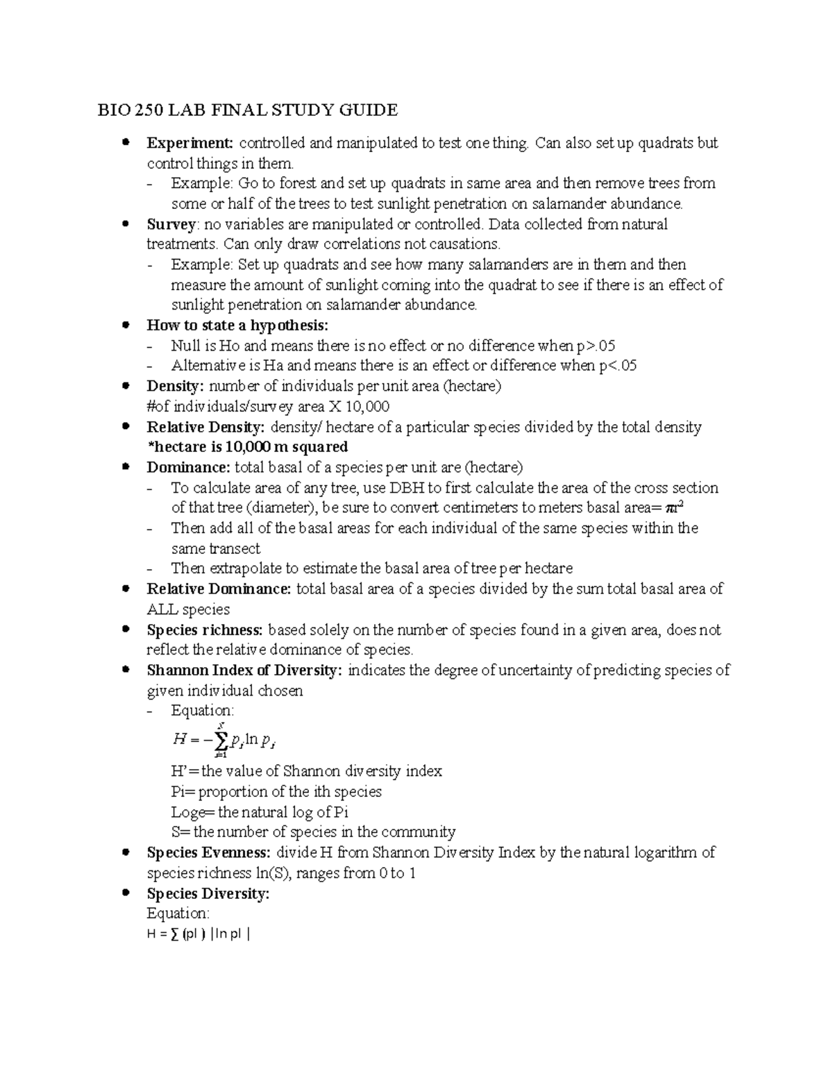 BIO 250 Lab Key Terms Notes - BIO 250 LAB FINAL STUDY GUIDE Experiment ...
