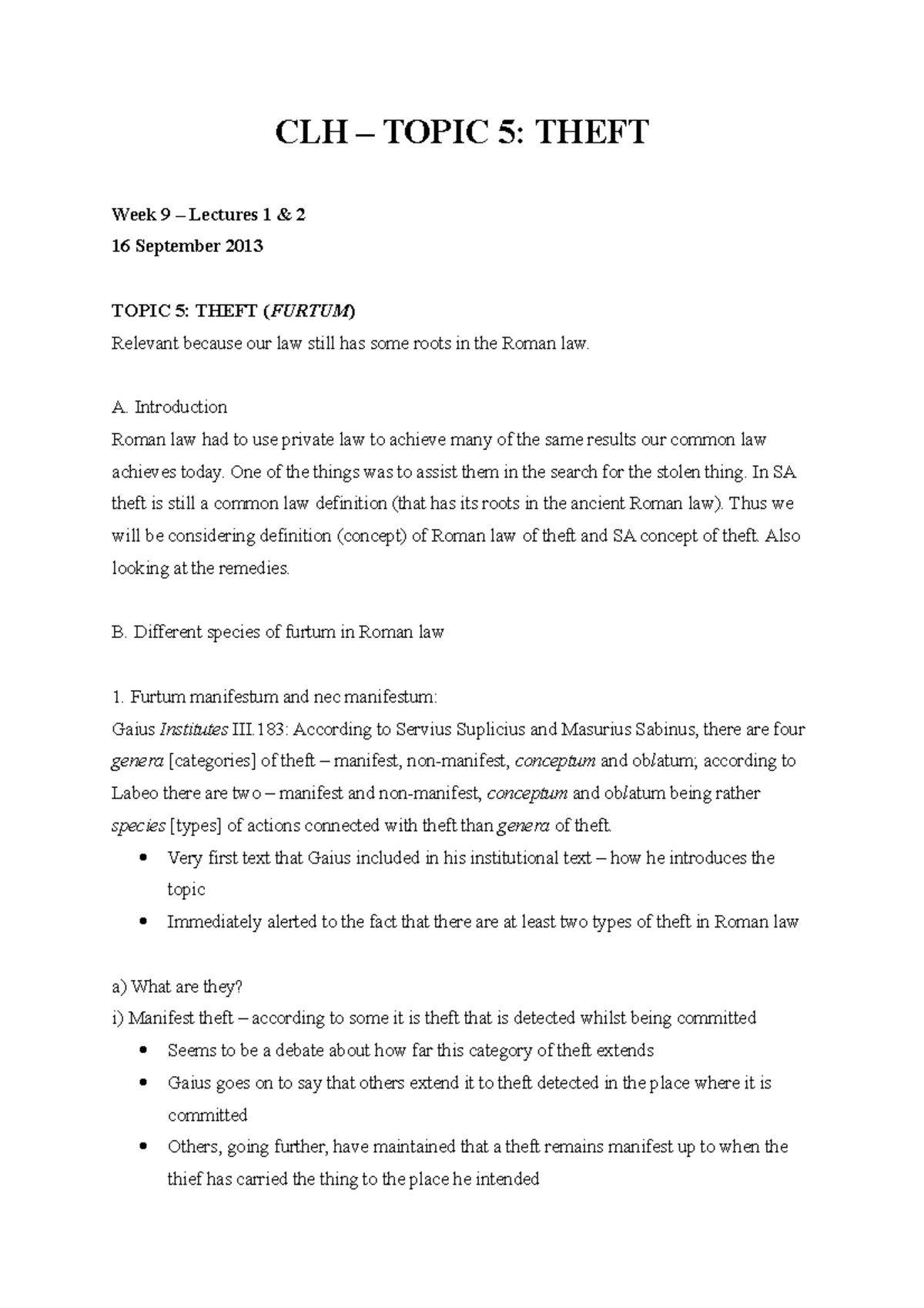 CLH - Topic 5 - Private law - CLH – TOPIC 5: THEFT Week 9 – Lectures 1 ...