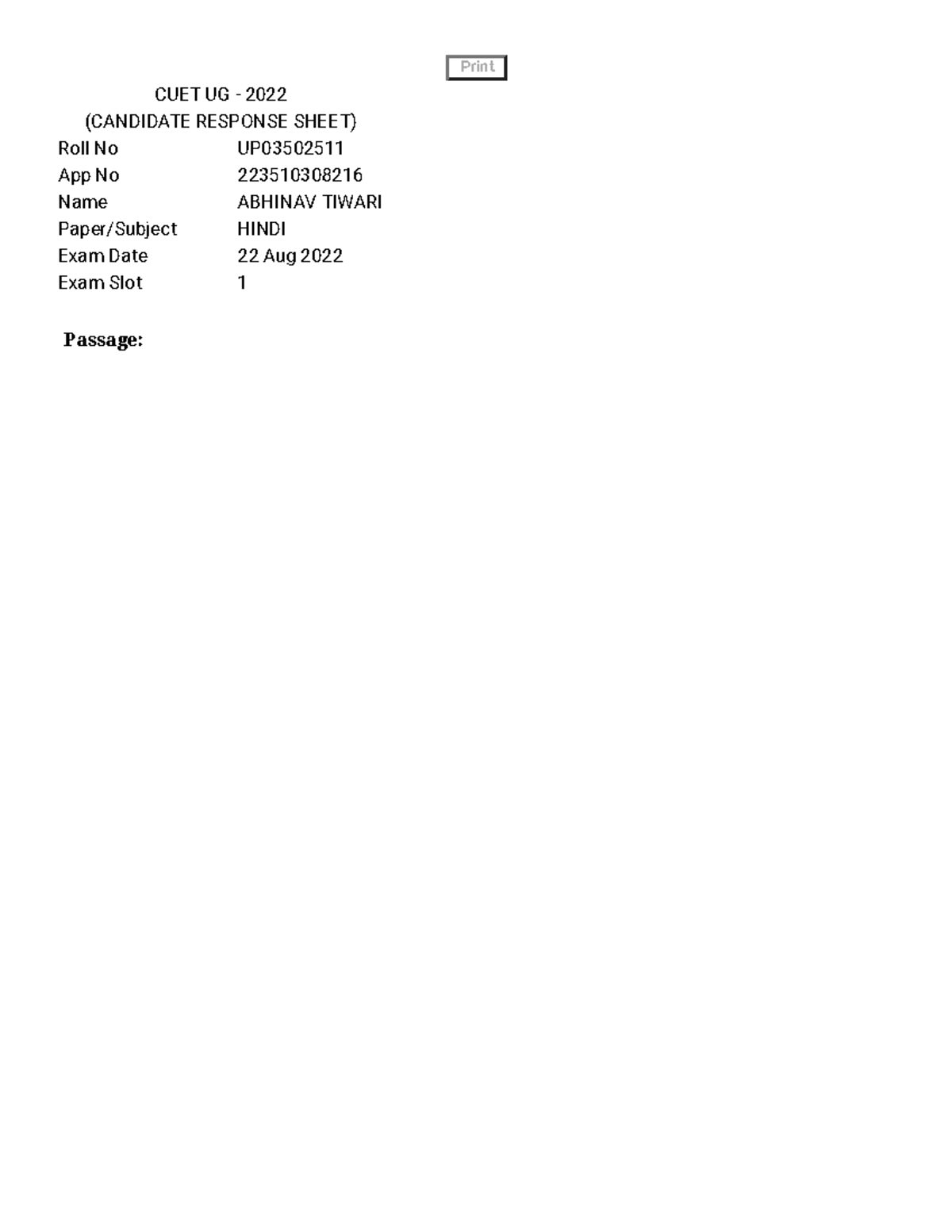 NTA - Gand maro - Print CUET UG - 2022 (CANDIDATE RESPONSE SHEET) Roll ...