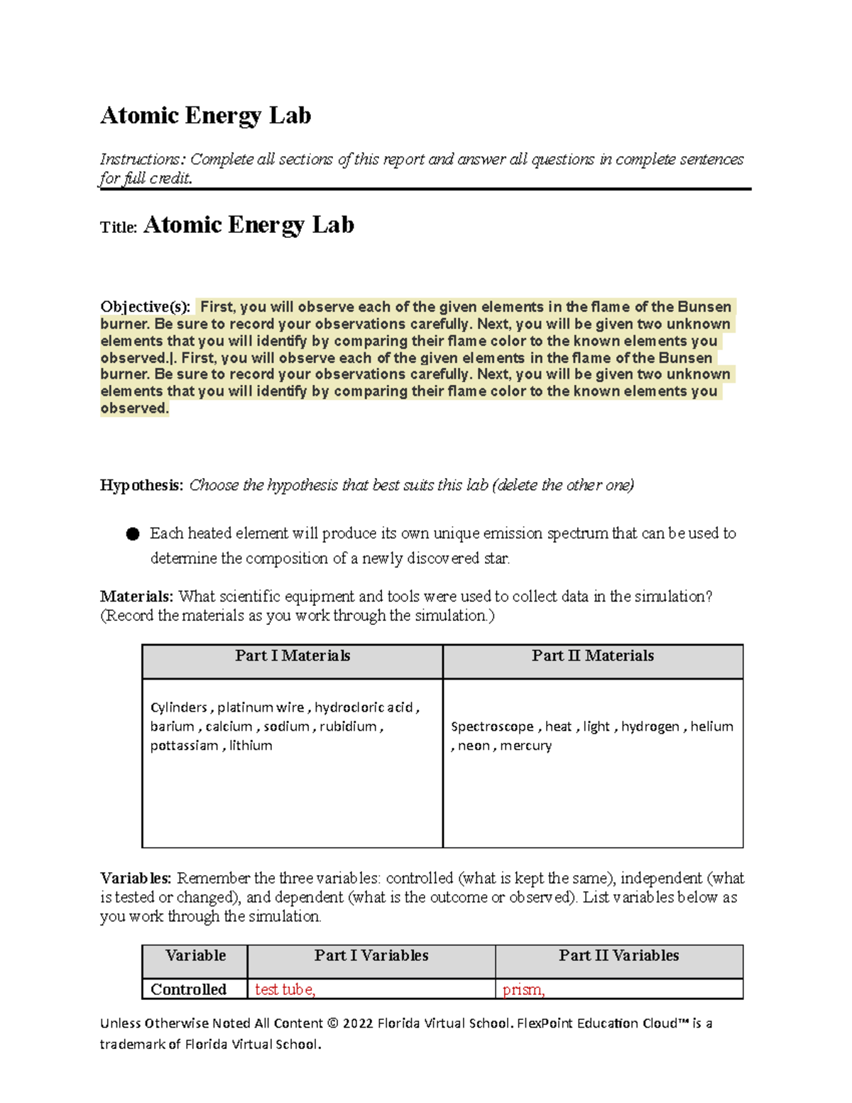 Atomic energy lab (1) - Chemisrty 1 assignment - Atomic Energy Lab ...