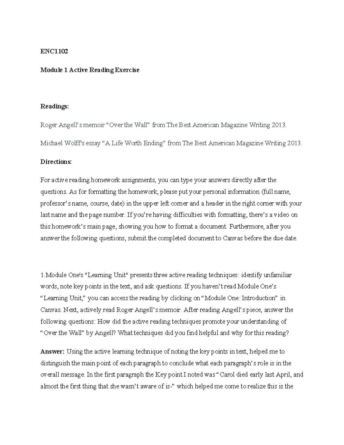 Module one Assignment complete - ENC Module 1 Active Reading Exercise Readings: Roger Angell’s ...