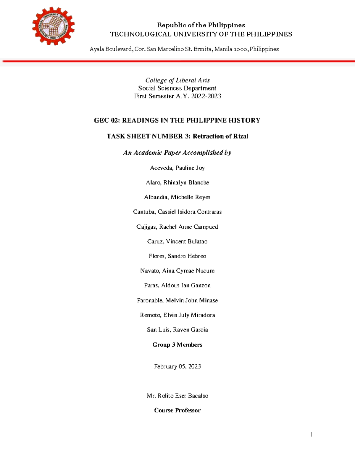 G3 Rizal's Retraction - An Academic Paper - TECHNOLOGICAL UNIVERSITY OF ...