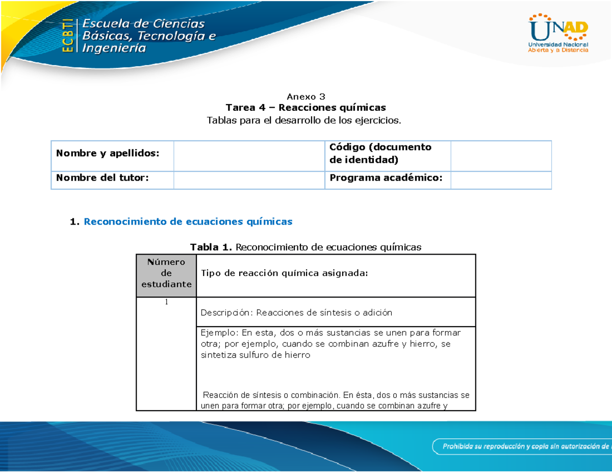 Anexo 3 (12) - tarea4 reacciones químicas - Anexo 3 Tarea 4 – Reacciones químicas Tablas para el ...