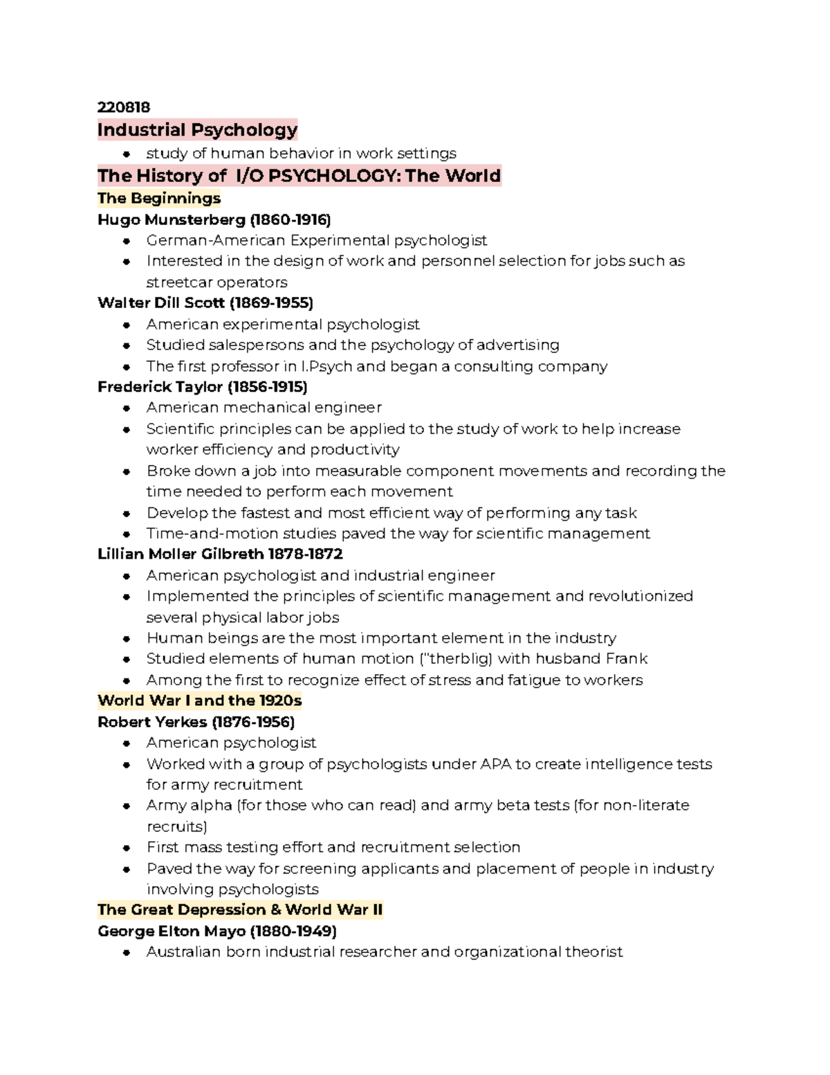 I O Psych Notes - 220818 Industrial Psychology study of human behavior ...