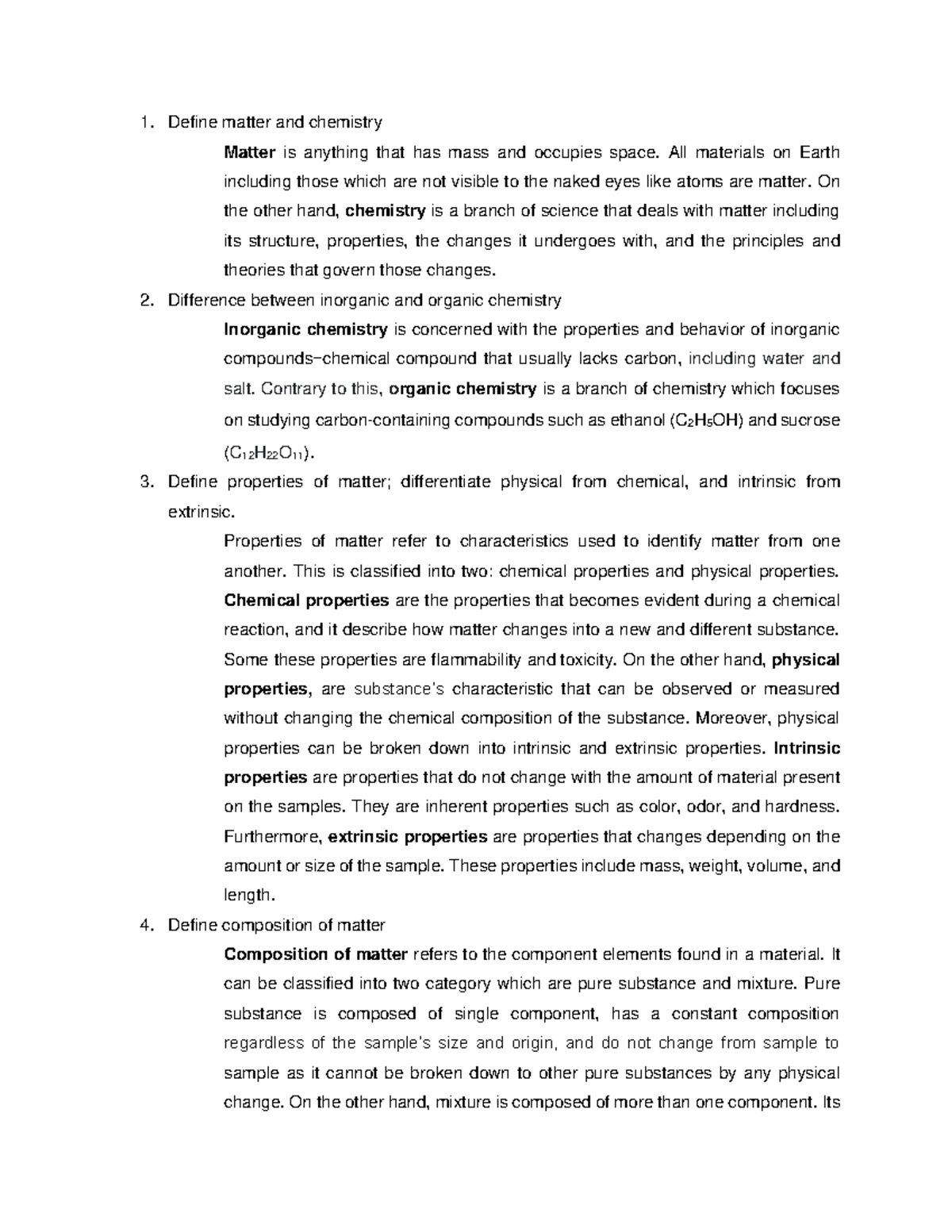 Matter - Chemistry Assignment - BS Medical Laboratory Science - Studocu