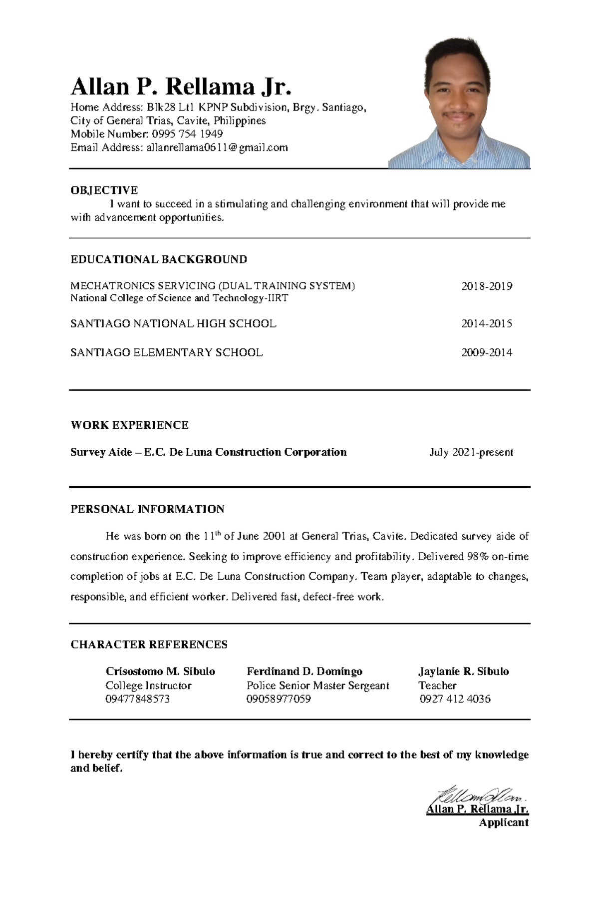 Allan-P - Sample basic resume - Allan P. Rellama Jr. Home Address ...