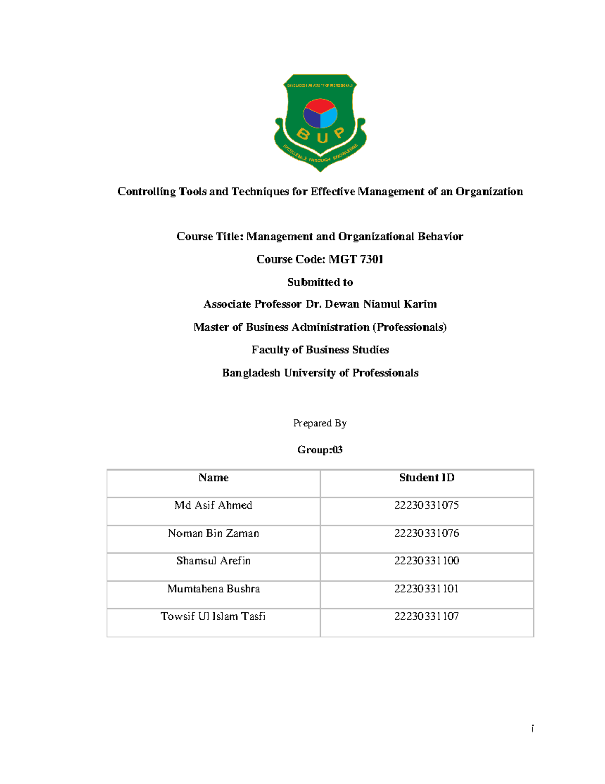 Group 3 MOB-Term Paper - i Controlling Tools and Techniques for ...