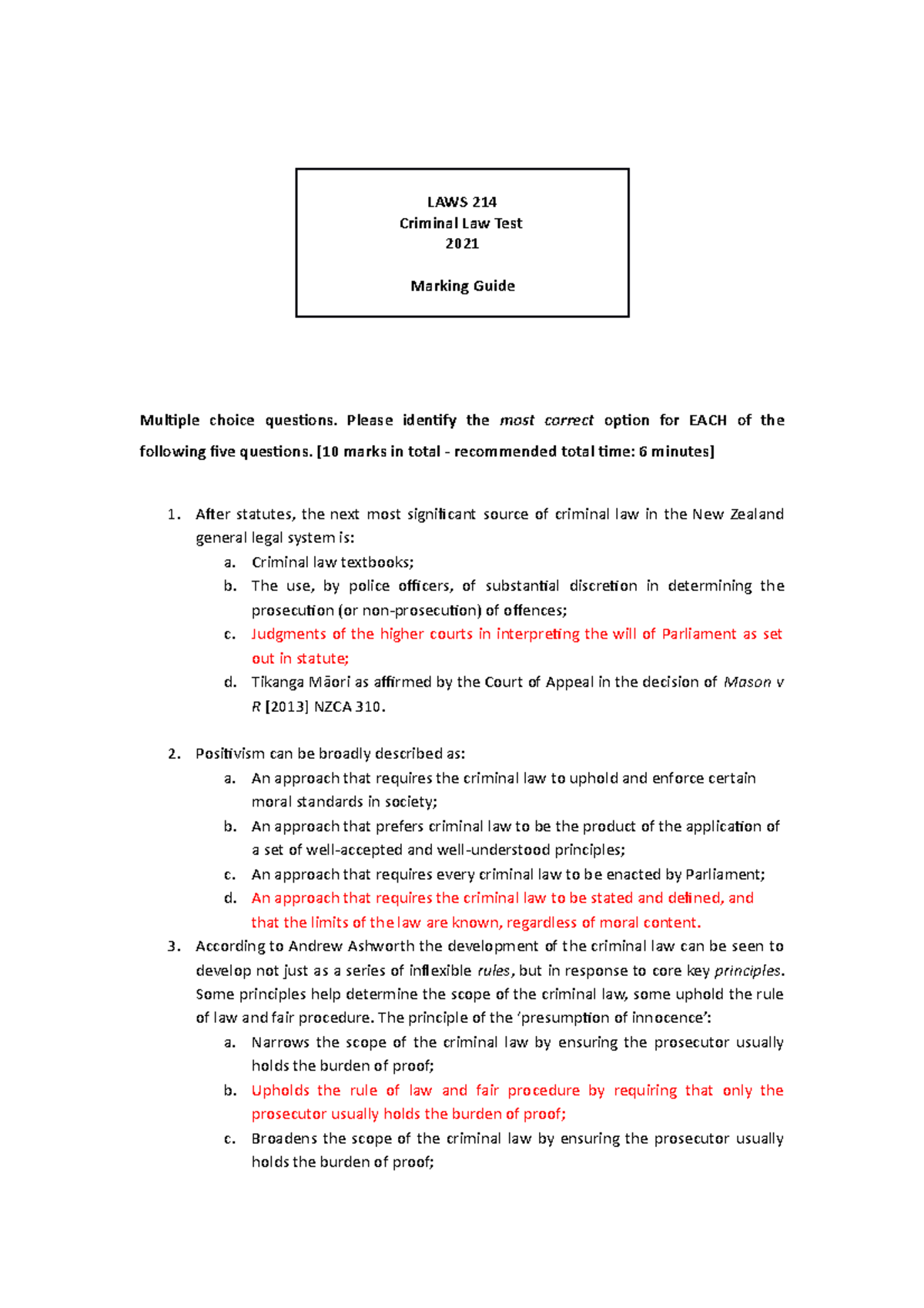 2021LAWS214 Marking Guide - LAWS 214 Criminal Law Test 2021 Marking ...