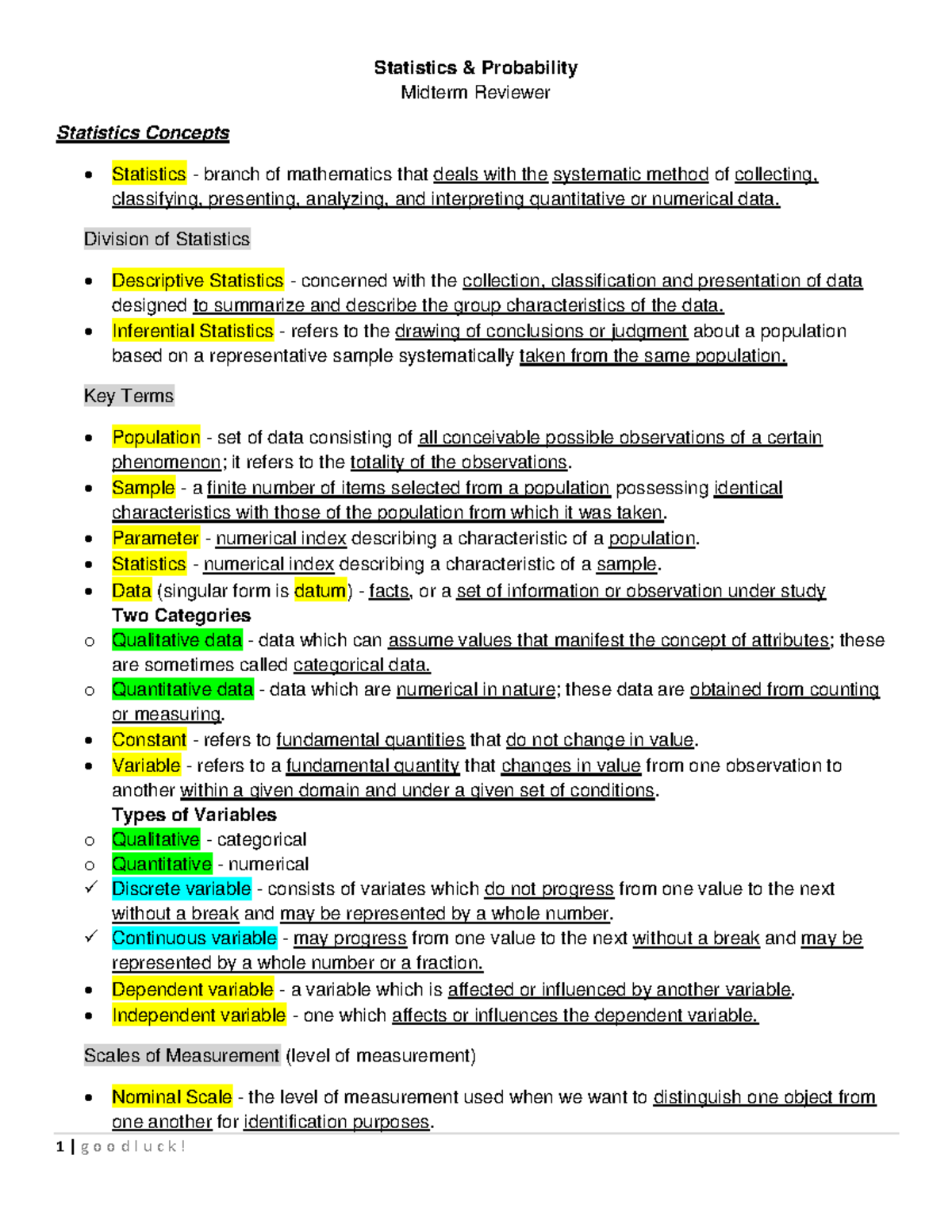 Statistics and Probability 1 - Statistics & Probability Midterm ...