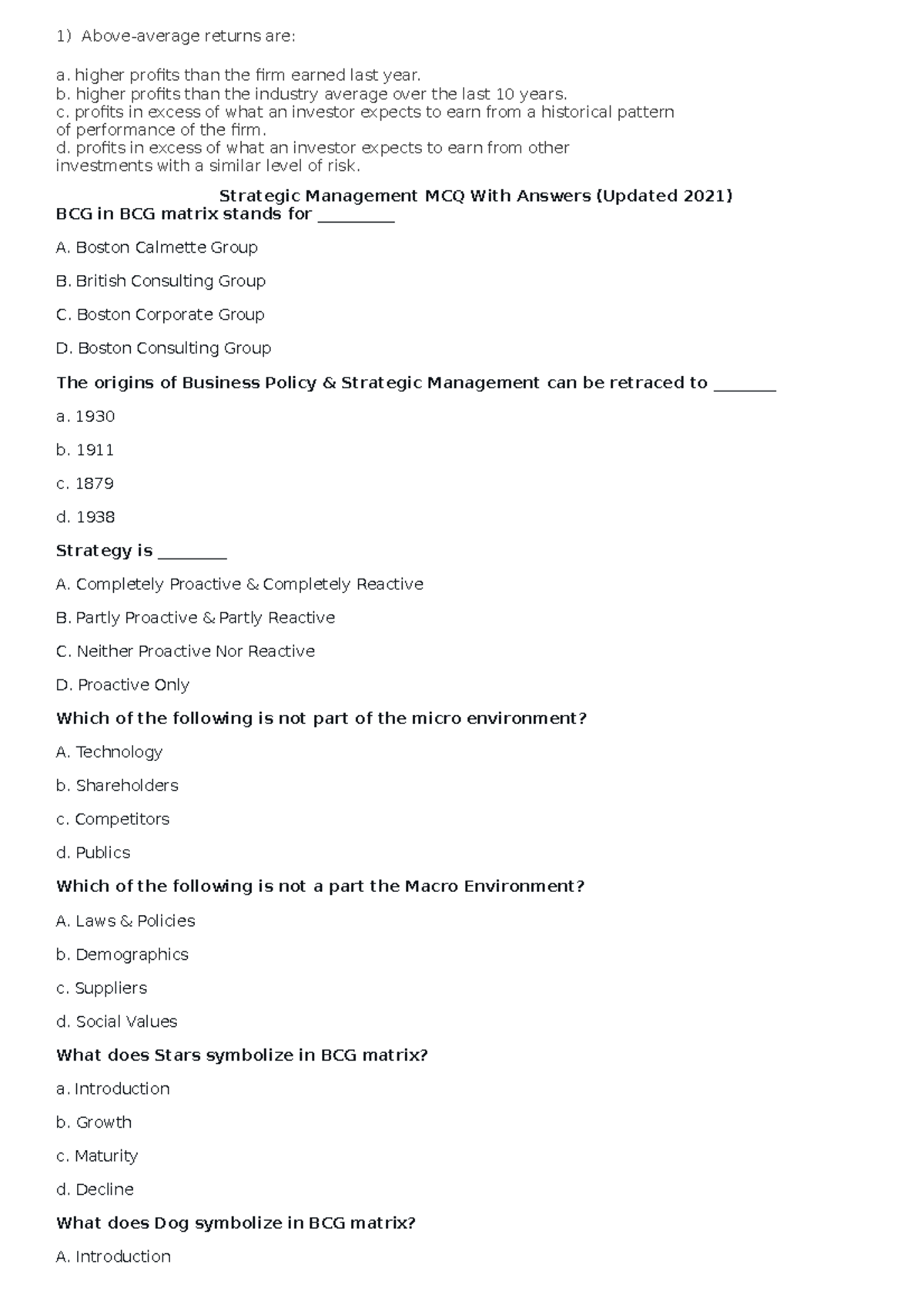 Strategic Management Multiple Choice Questions - Above-average returns ...