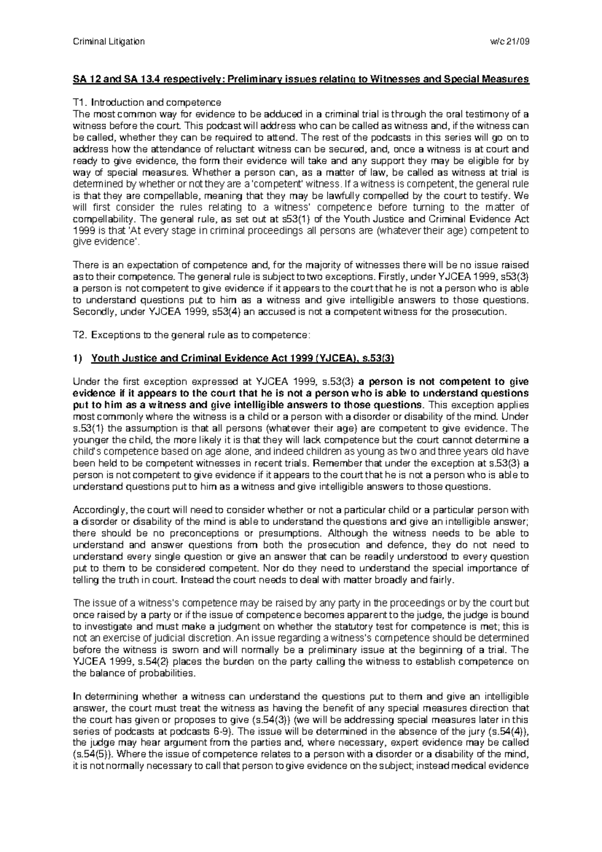 Summary of notes- competence, special measures and examination for w:c ...