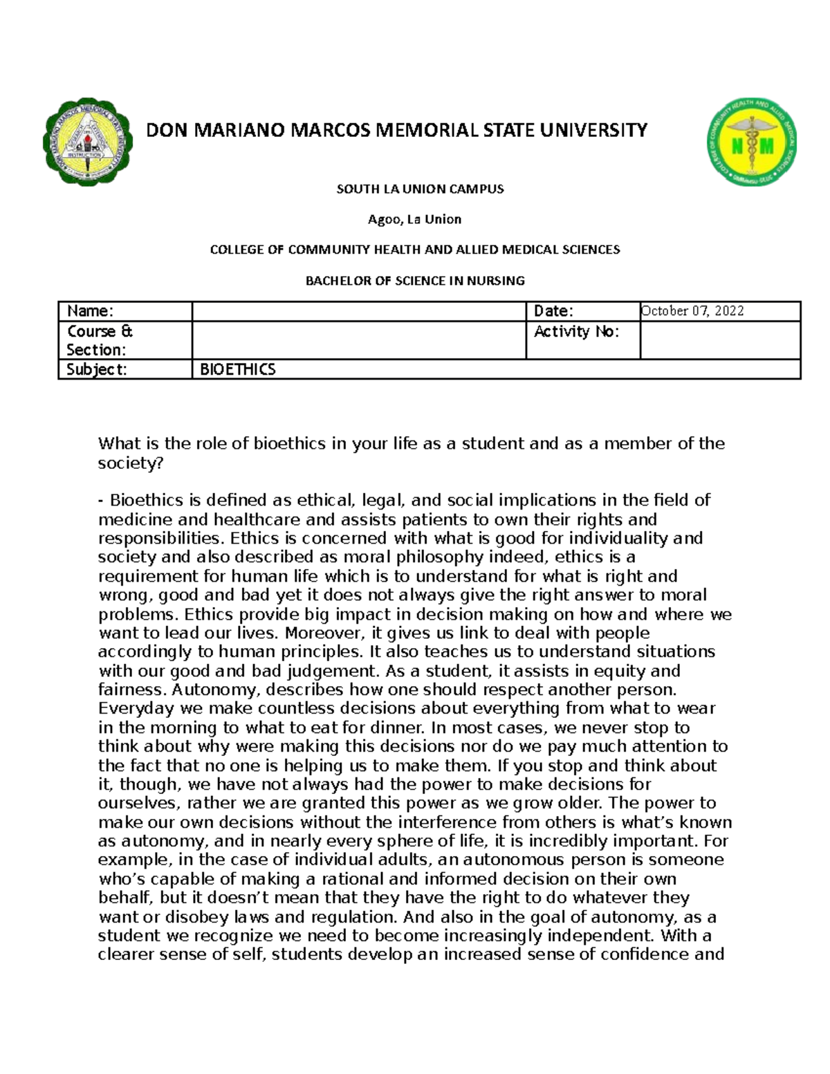 Bioethics 20 Assignment - DON MARIANO MARCOS MEMORIAL STATE UNIVERSITY ...