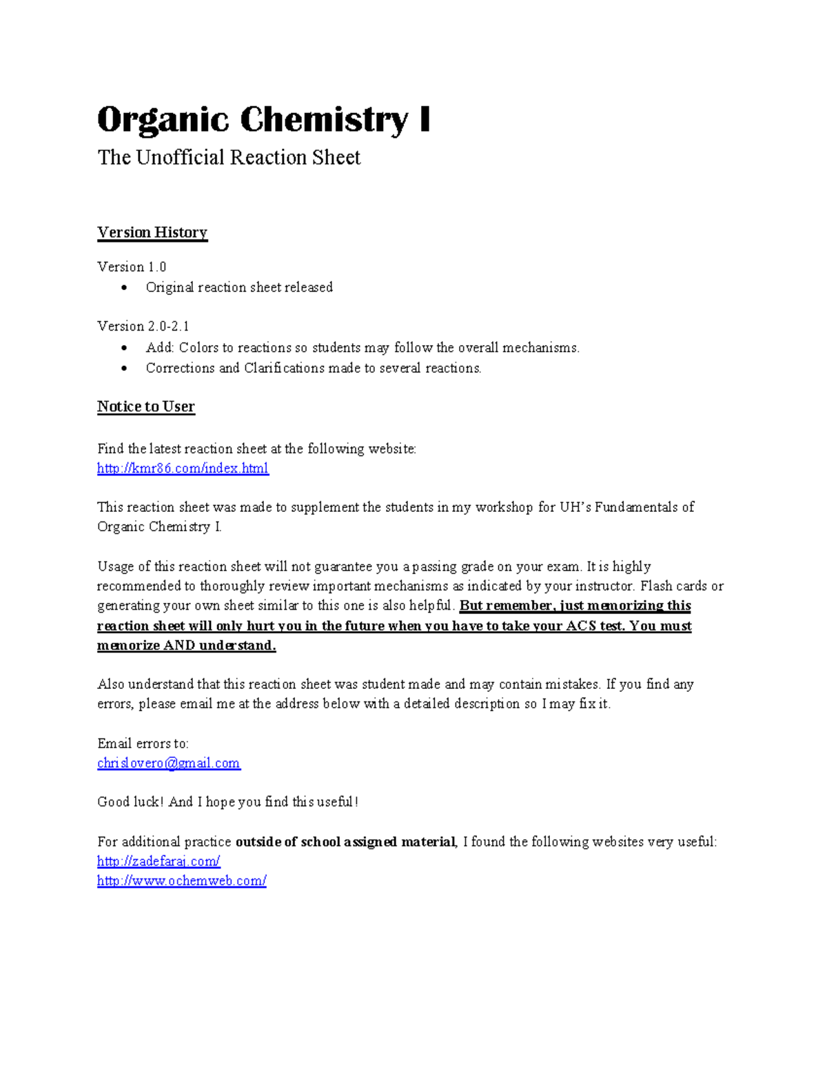 Reaction Sheet - Organic Chemistry I The Unofficial Reaction Sheet ...