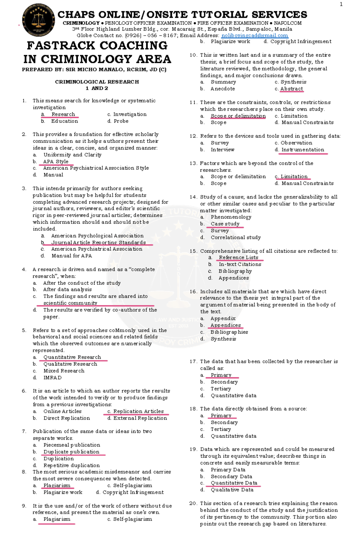 SIR Micho FAST Track Coaching IN Criminology AREA W ANS - CHAPS ONLINE ...