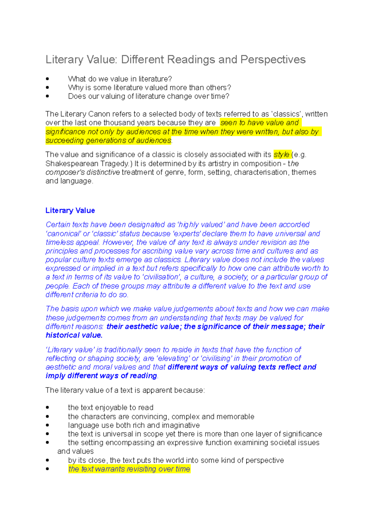 Literary Value Mod B handout-1 - ENGADV - USyd - Studocu