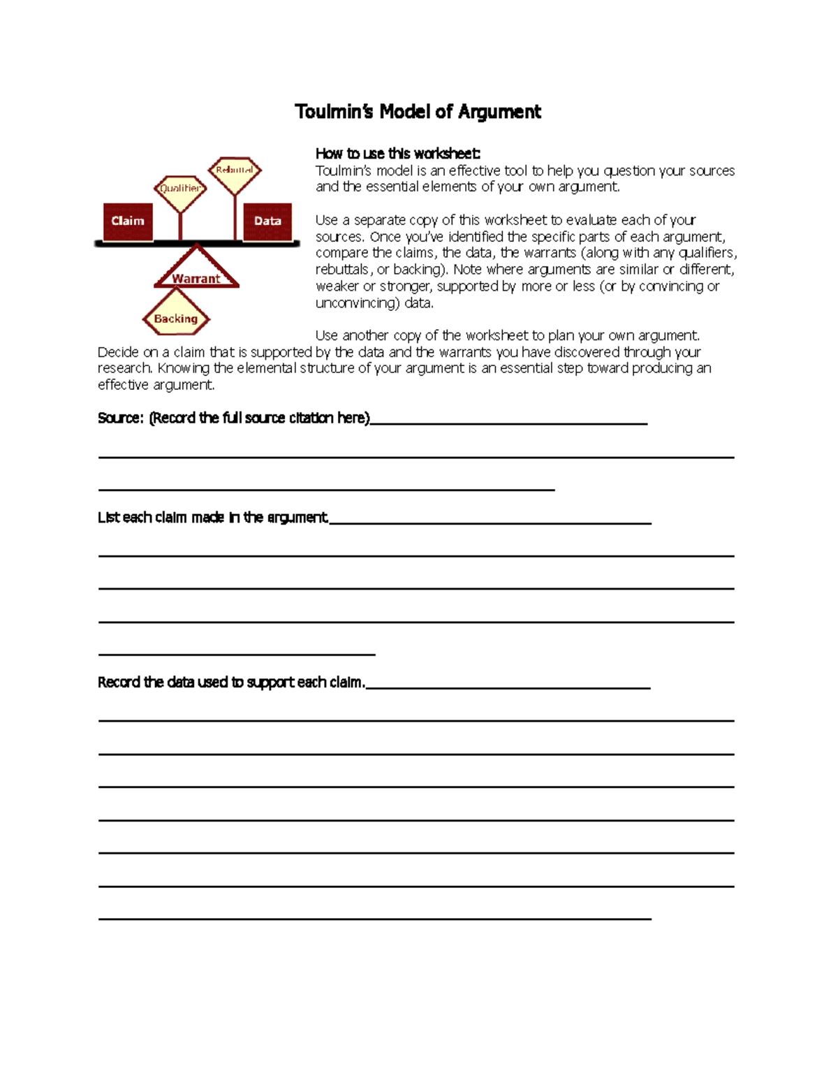 Toulmin Model Worksheet - Toulmin’s Model of Argument How to use this ...