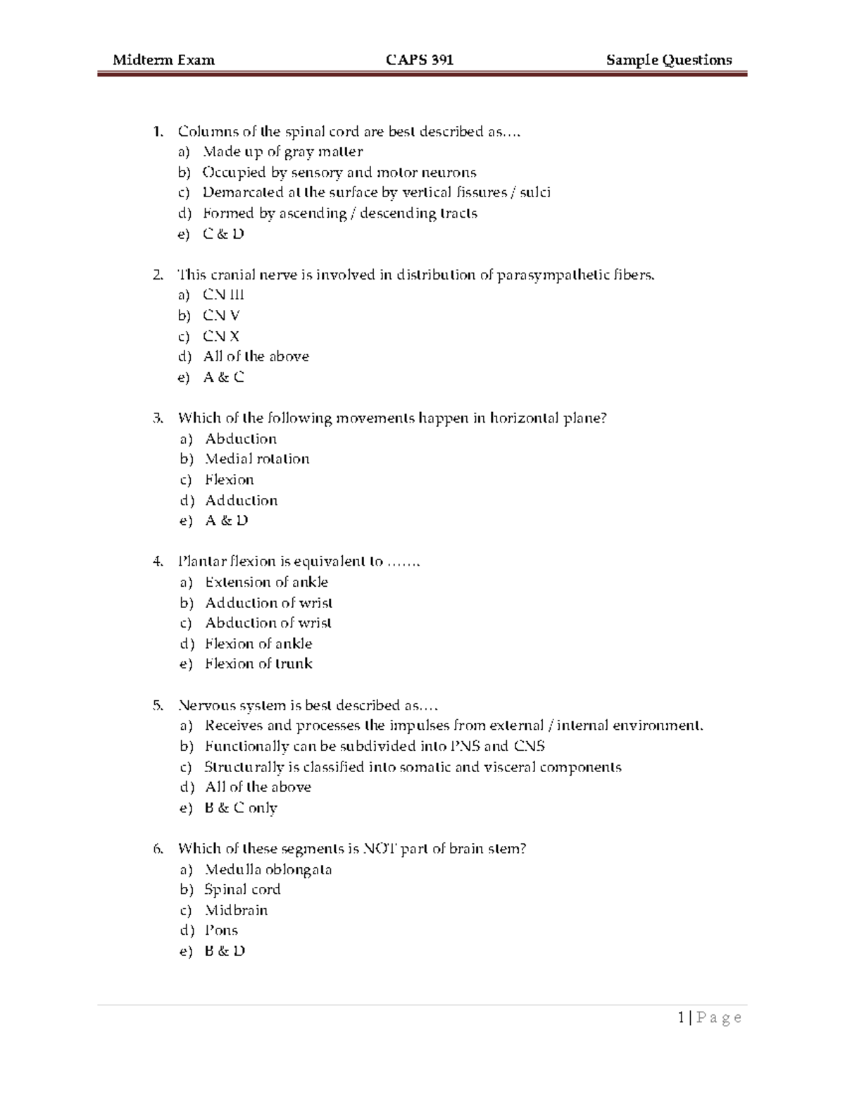 CAPS 391 Sample MT 1 - Midterm 1 practice questions - 1. Columns of the ...