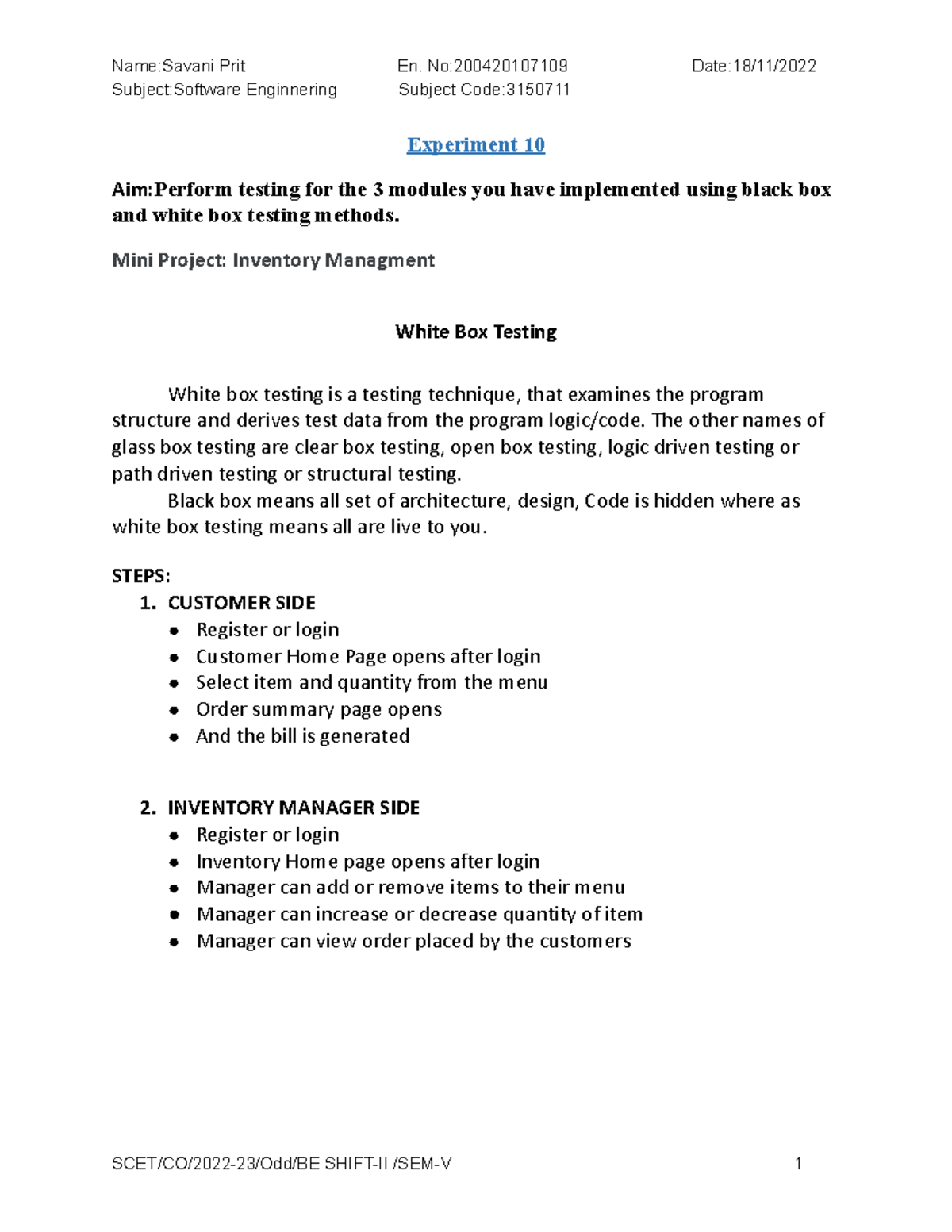 2004 20107109 SE practical-10 - Subject:Software Enginnering Subject Code: Experiment 10 Aim ...