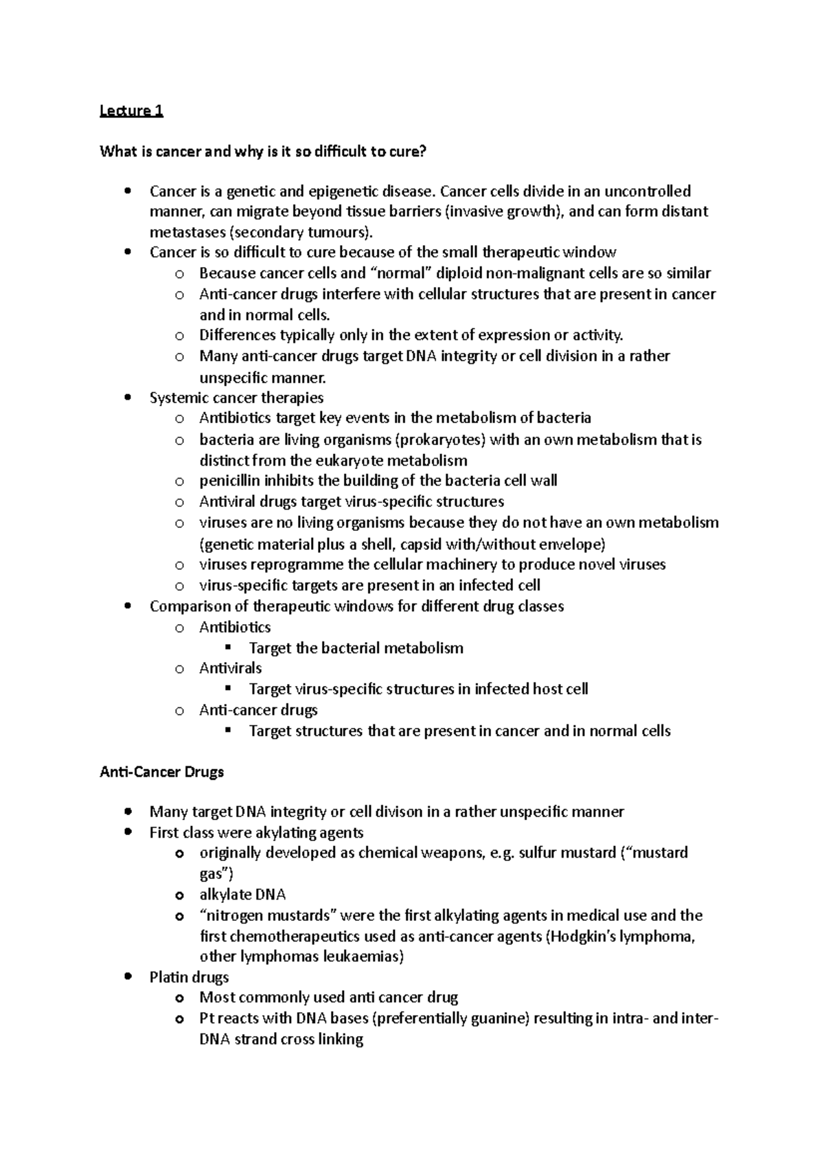 Lecture Notes - Lecture 1 What is cancer and why is it so difficult to ...