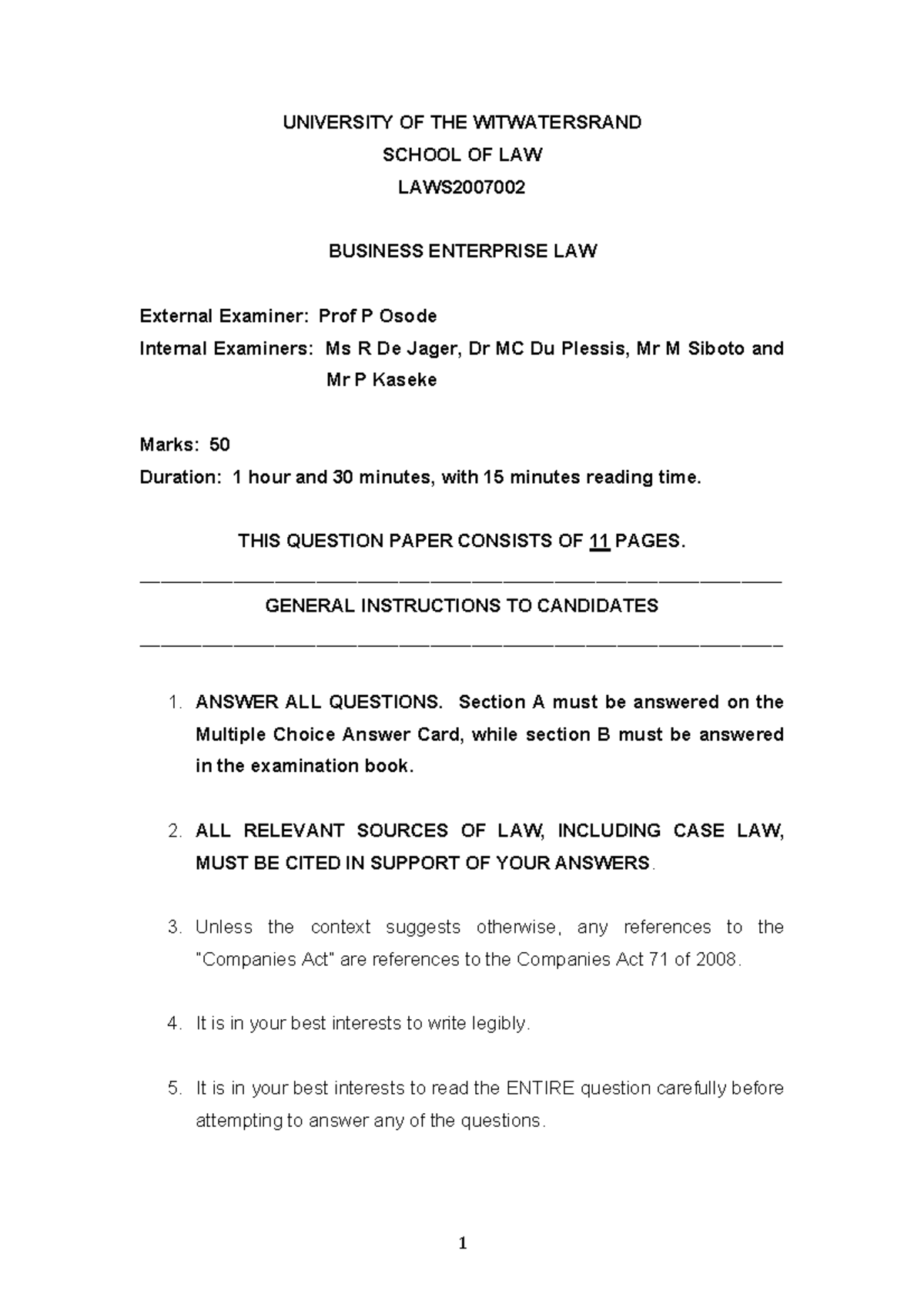 LAWS2007 Nov 2017 Deferred Exam - UNIVERSITY OF THE WITWATERSRAND SCHOOL OF LAW LAWS BUSINESS ...