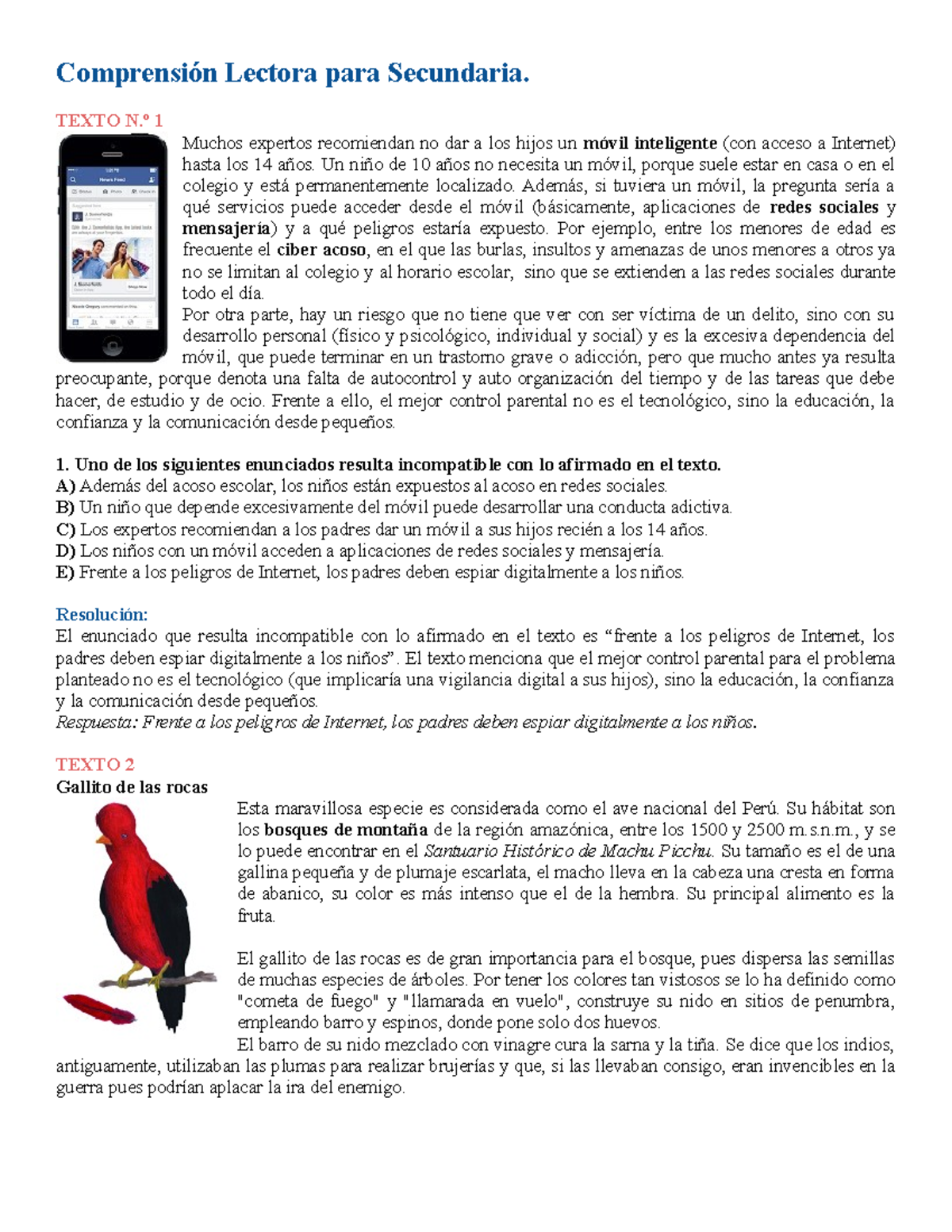 Comprension Lectora para Secundaria - TEXTO N.º 1 Muchos expertos ...