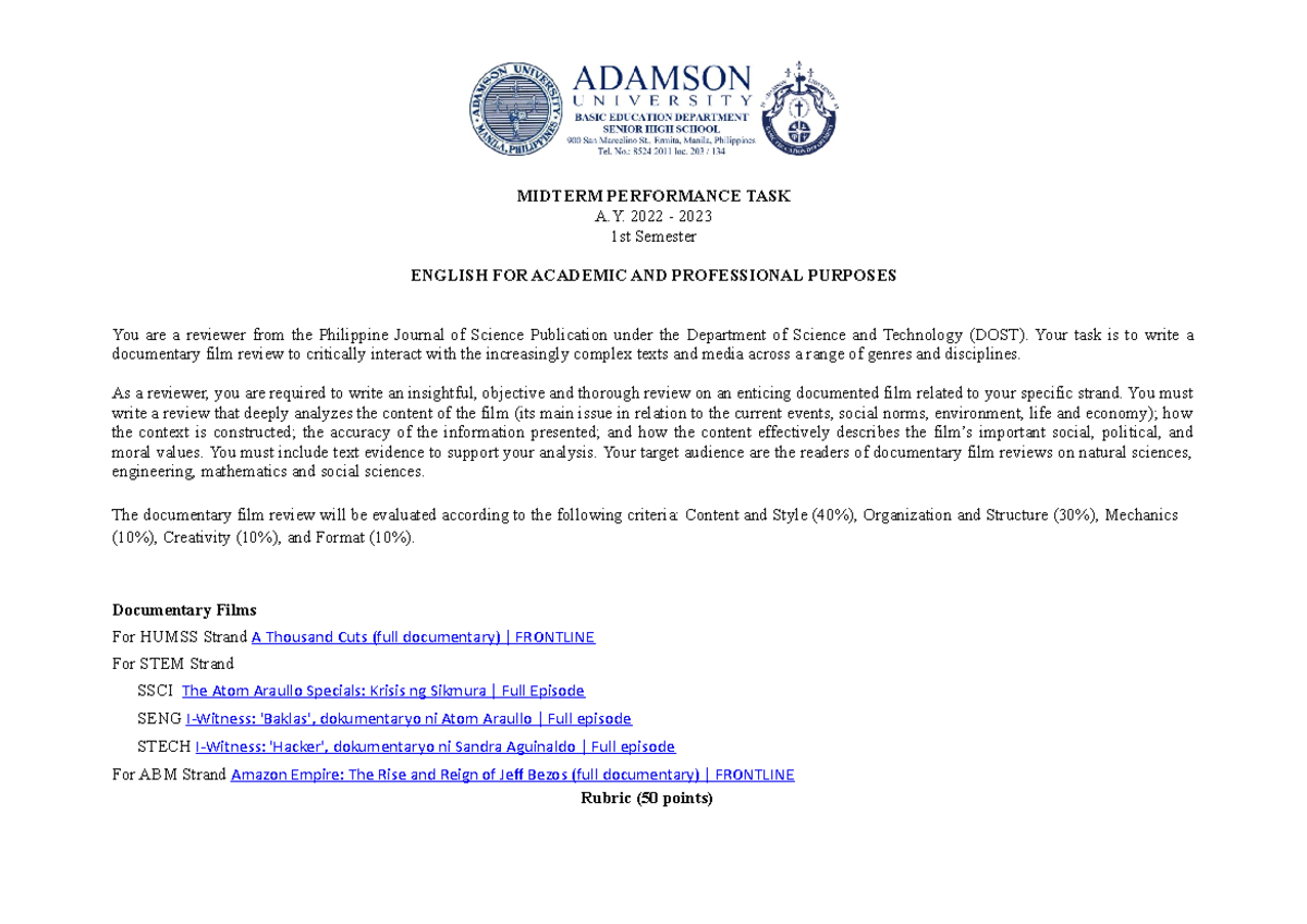 Revised EAPP Midterm PETA - MIDTERM PERFORMANCE TASK A. 2022 - 2023 1st Semester ENGLISH FOR ...