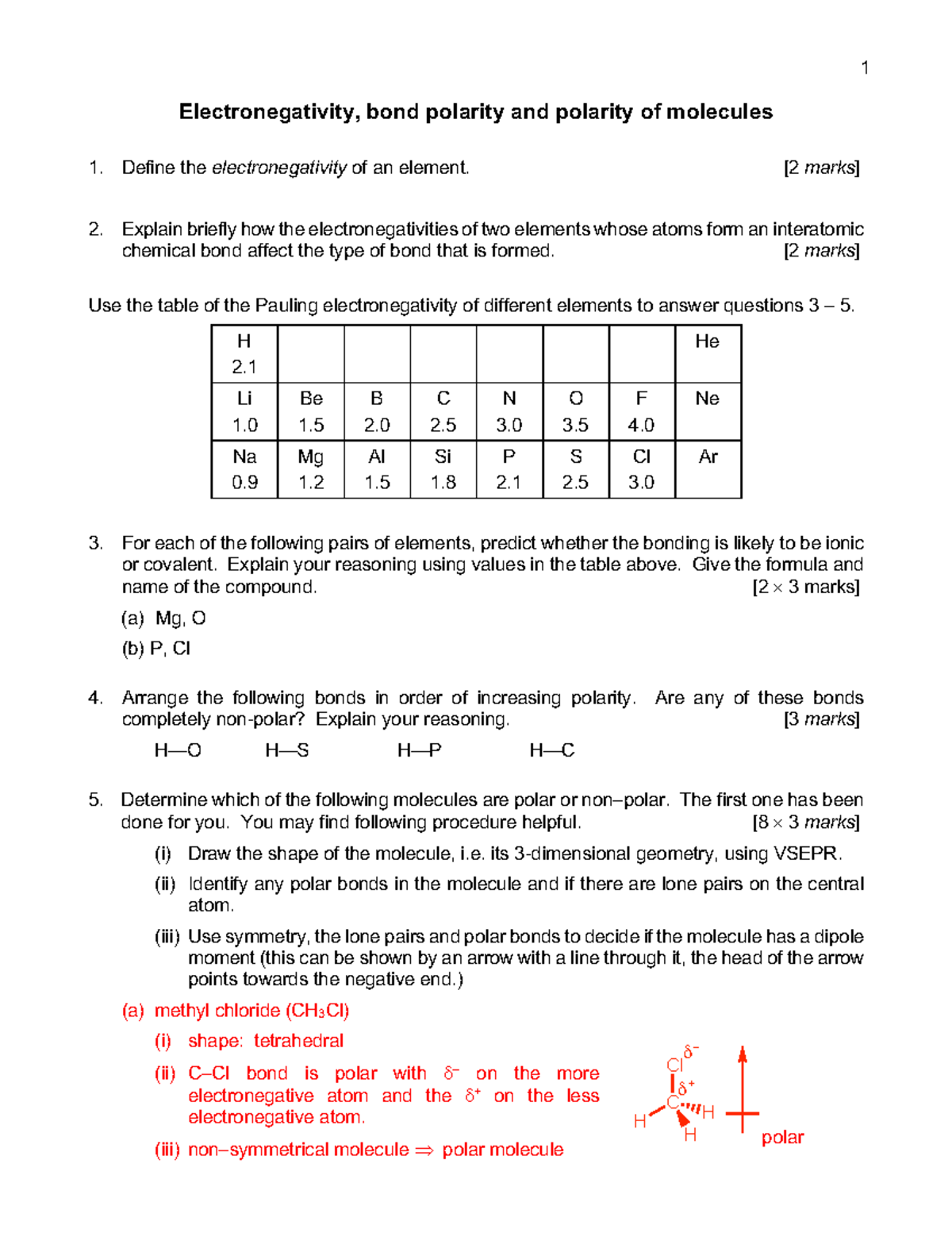Electronegativity questions - 1 Electronegativity, bond polarity and ...