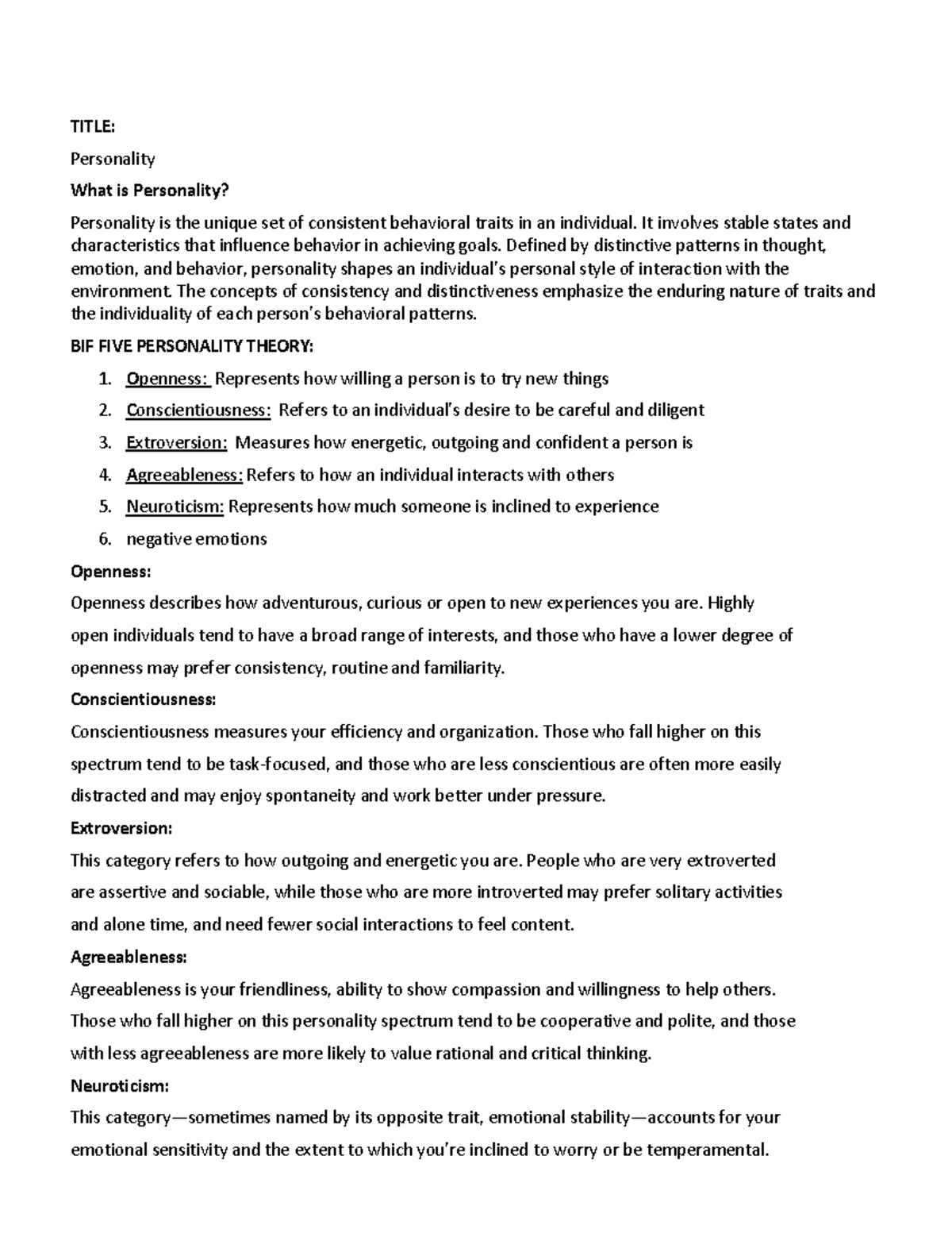 Personality - TITLE: Personality What is Personality? Personality is ...