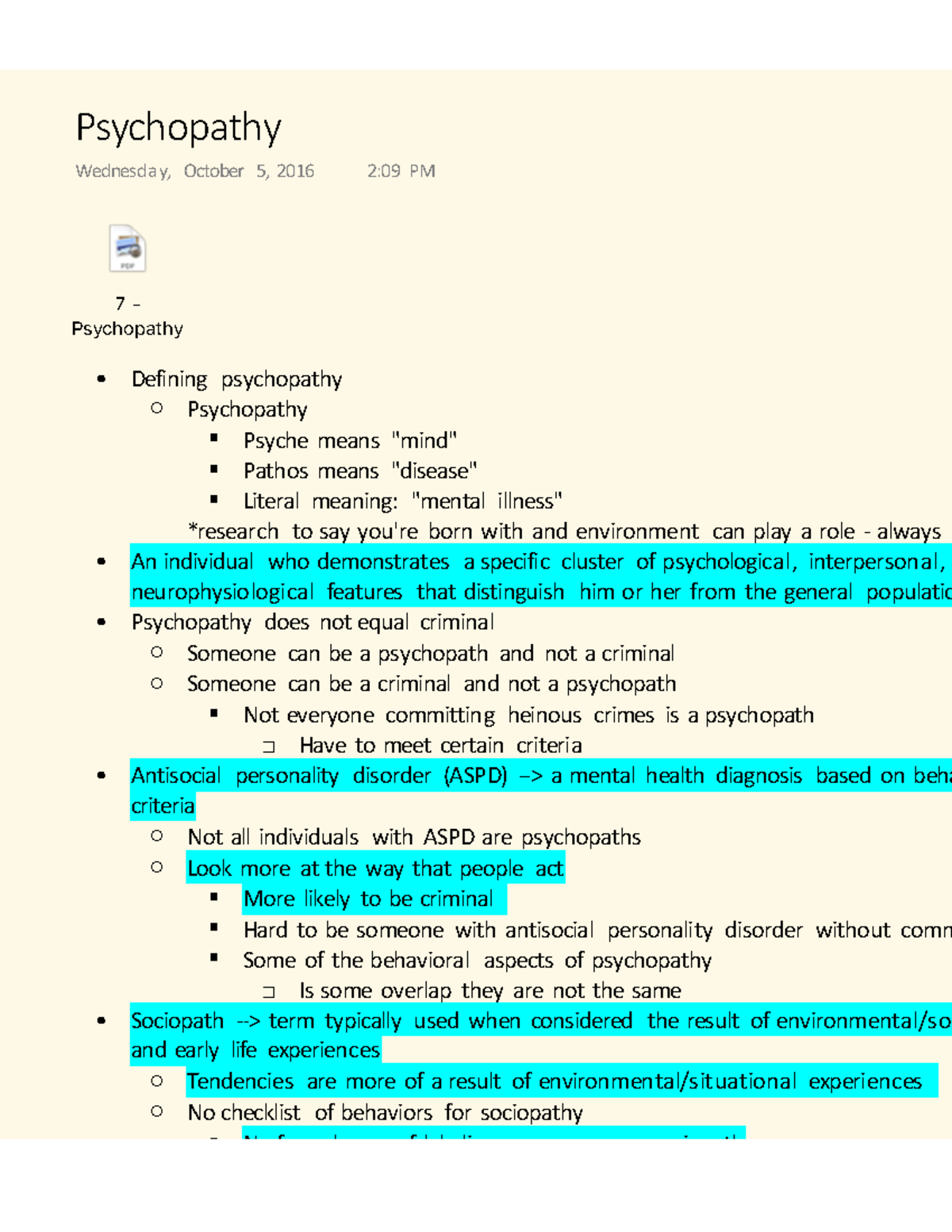 Psychopathy - Lecture note 7 - § Psyche means "mind" § Pathos means ...