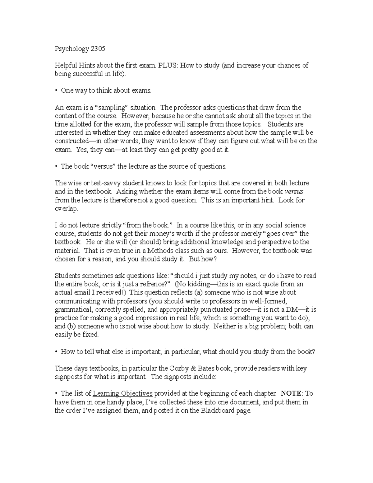 Hints about studying the first exam-rev(2) - Psychology 2305 Helpful ...
