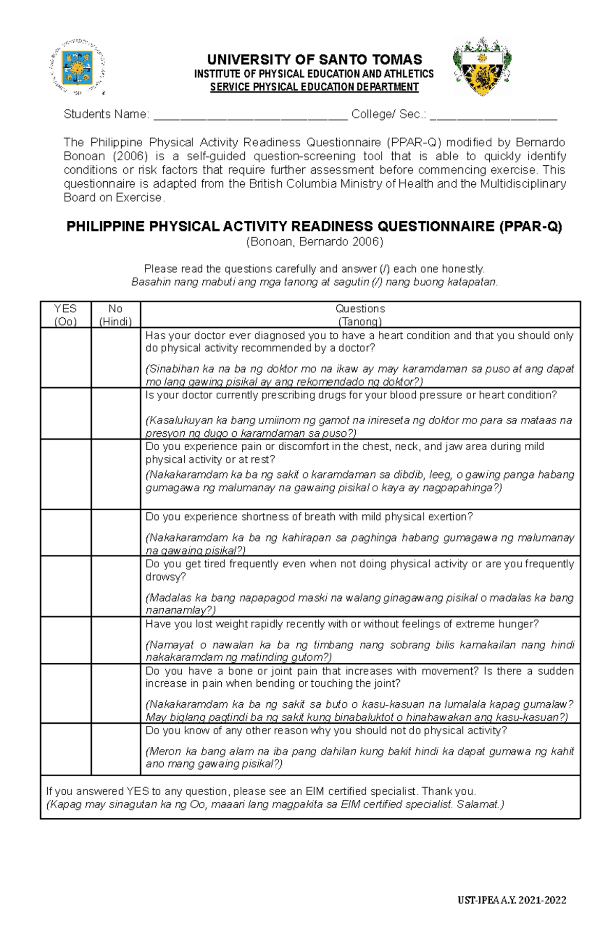 PPAR-Q Standard and Data Privacy with signature - UNIVERSITY OF SANTO ...