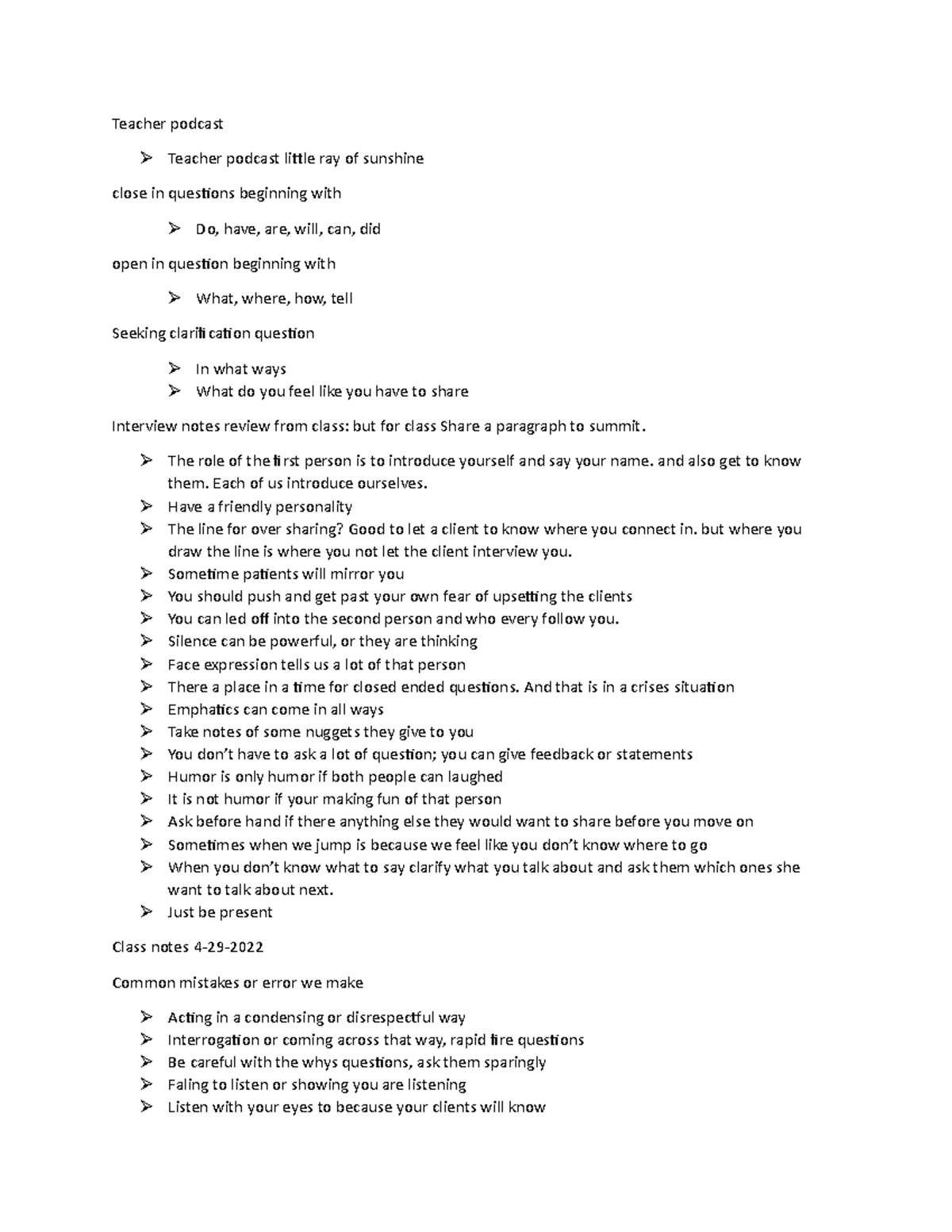 Interview notes review from class - The role of the first person is to ...