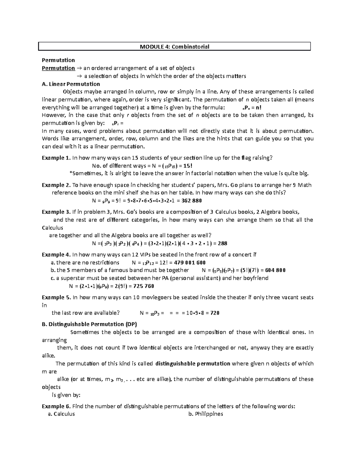 Permutation Module 4 Combinatorial Permutation Permutation → An Ordered Arrangement Of A Set