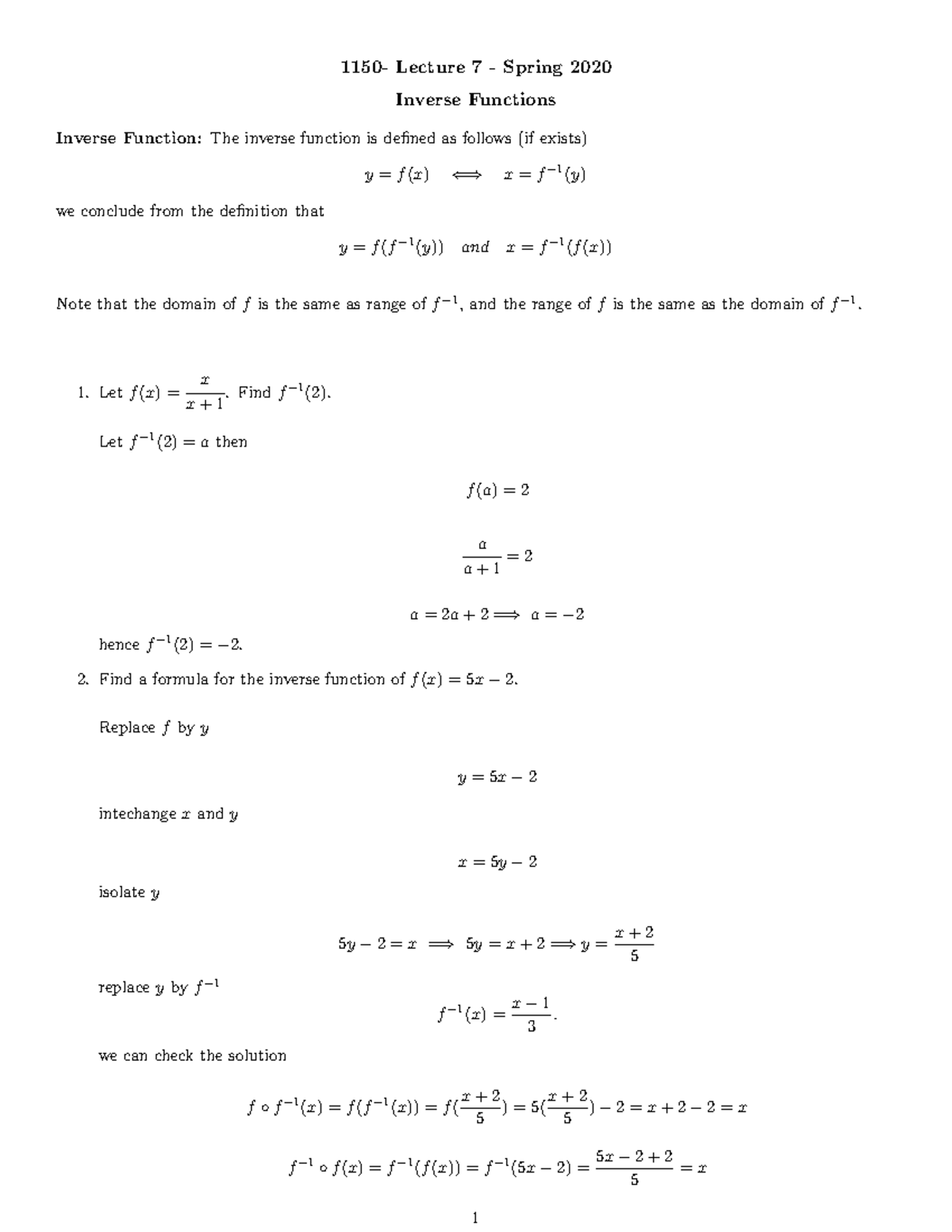 Lec6-1150 - Inverse Functions - 1150- Lecture 7 - Spring 2020 Inverse ...