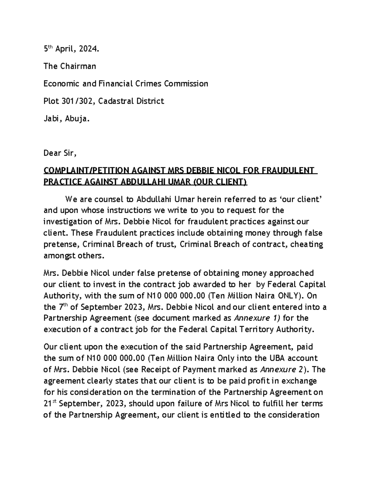 Petition TO EFCC - 5 th April, 2024. The Chairman Economic and ...