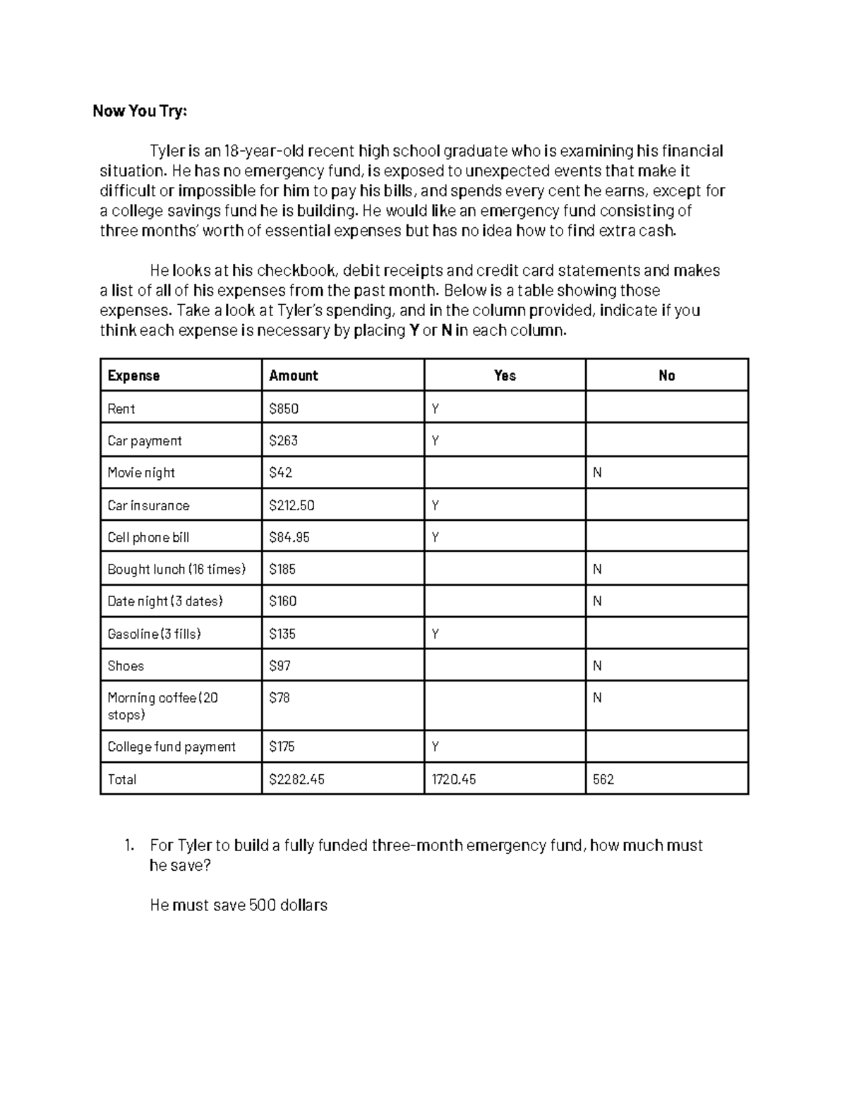 Copy of Emergency Fund-Worksheet - Now You Try: Tyler is an 18-year-old ...