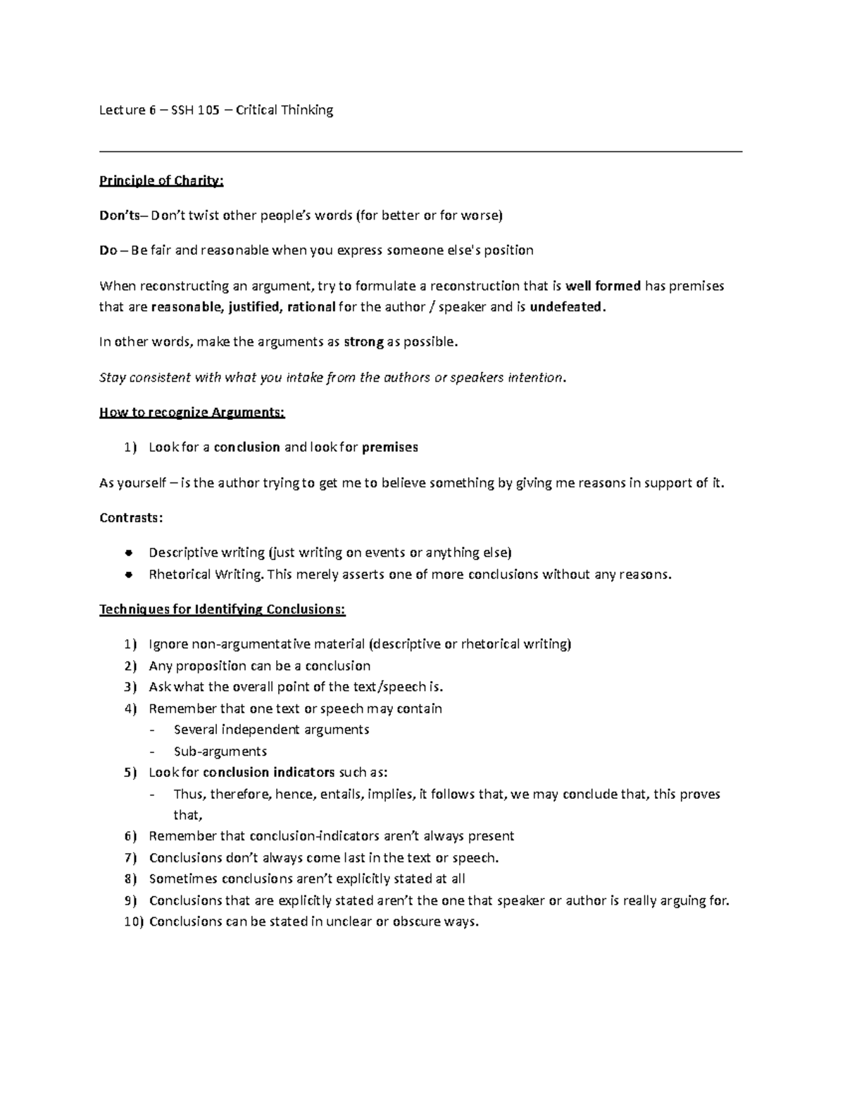 Lecture 6 Notes - Lecture 6 – SSH 105 – Critical Thinking Principle of ...