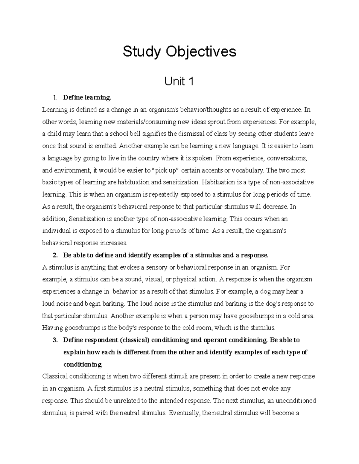 Study Objectives Unit 1 - Study Objectives Unit 1 Define learning. Learning is defined as a ...