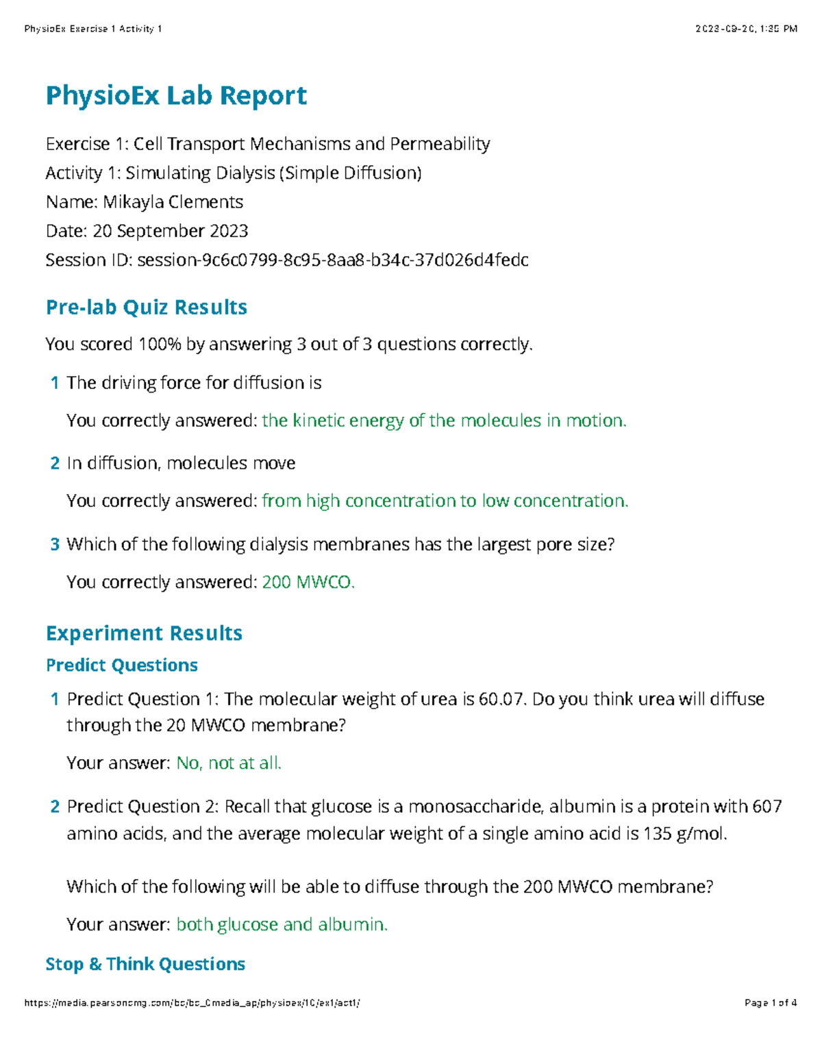 Physio Ex Exercise 1 Activity 1 - PhysioEx Lab Report Exercise 1: Cell ...