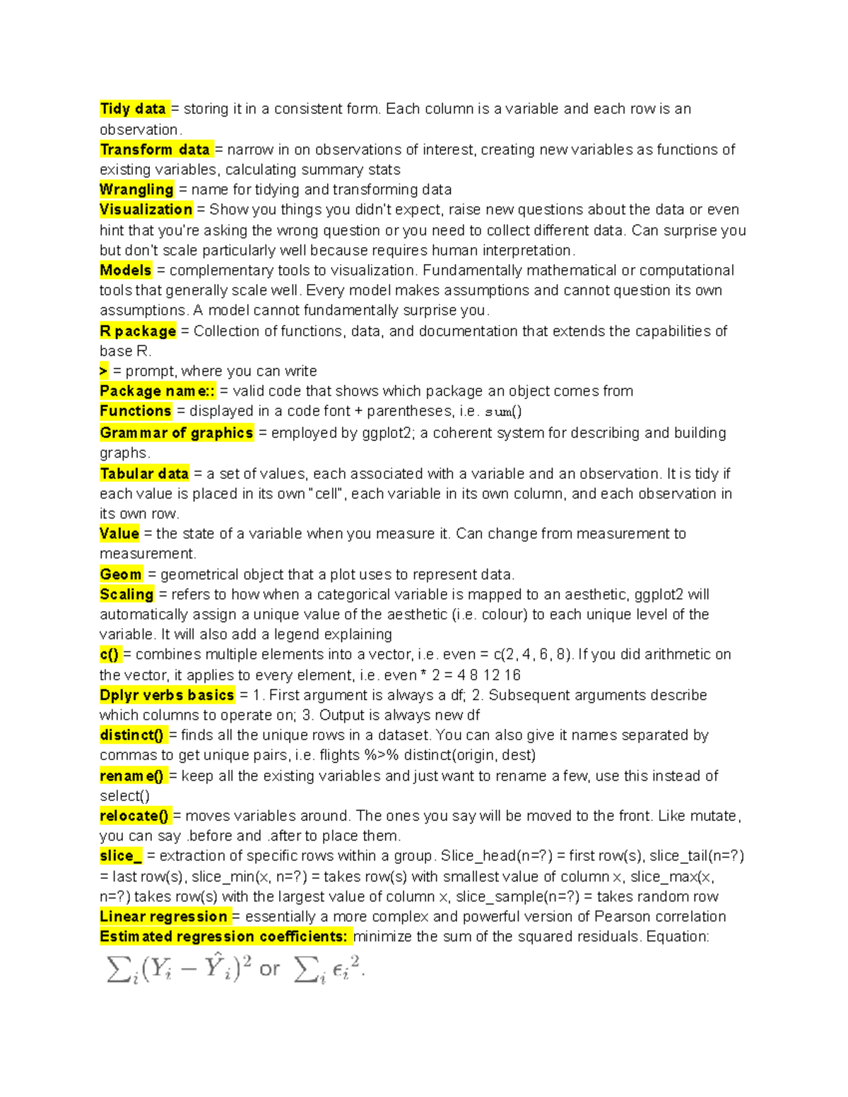 Midterm cheatsheet notes - Tidy data = storing it in a consistent form ...