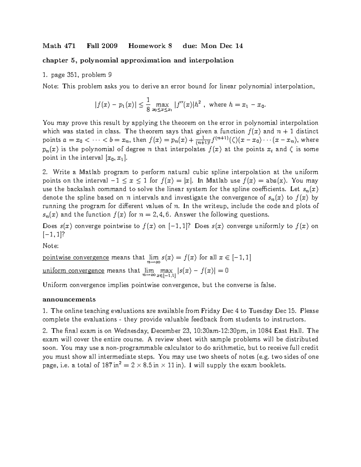 Math471 hw8 Fall 2009 Numerical Methods Section 002 - Math 471 Fall ...