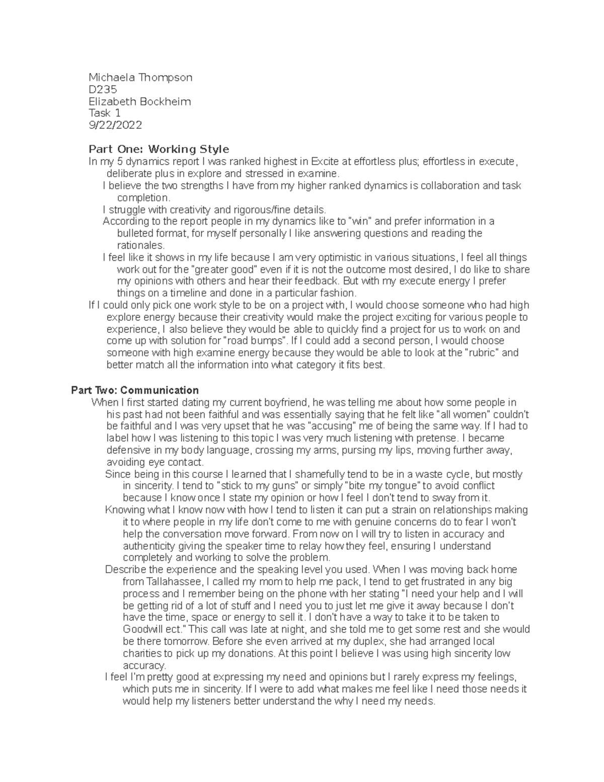 D235 assesment - assessment - Michaela Thompson D Elizabeth Bockheim ...