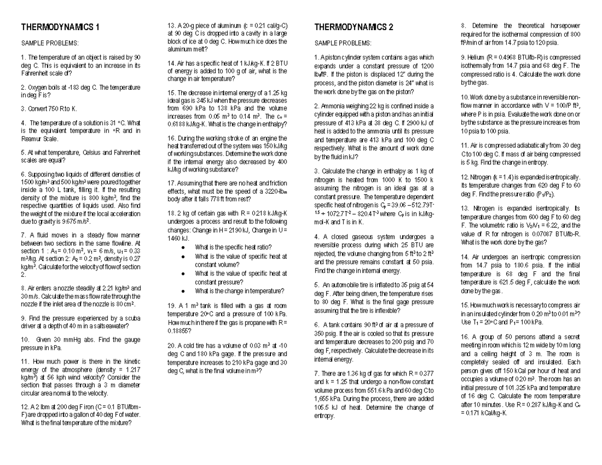 Thermodynamics Problems - THERMODYNAMICS 1 SAMPLE PROBLEMS: The temperature of an object is ...