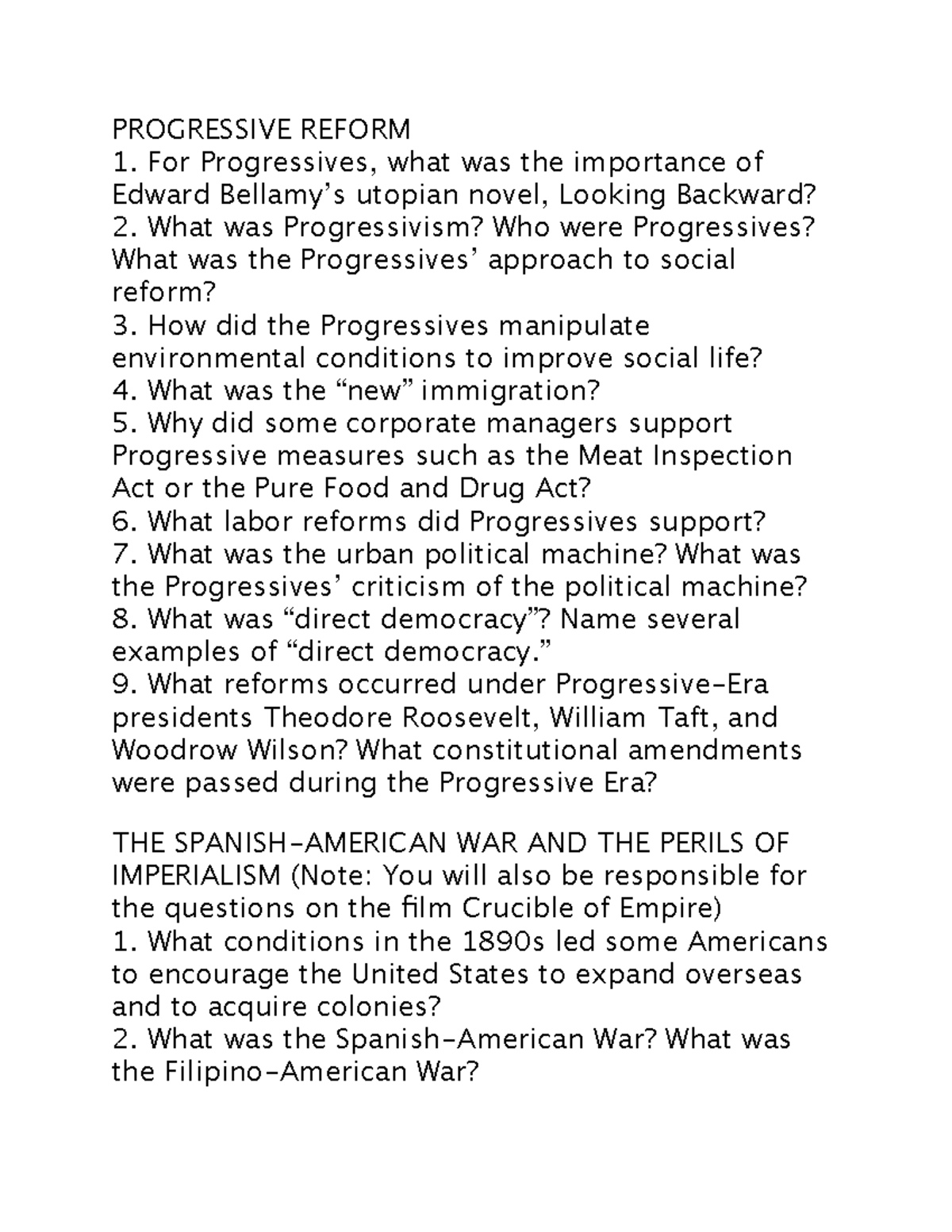 History 202 Exam 2 questions - PROGRESSIVE REFORM For Progressives ...