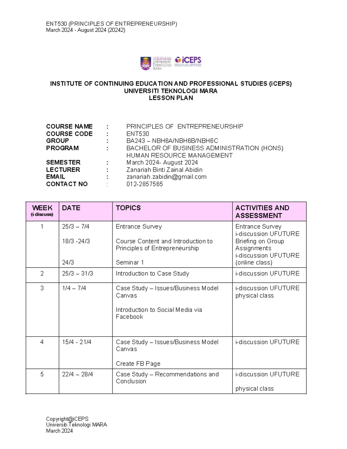 1. ENT530 Lesson PLAN FOR SEM March 2024- August 2024 Iceps (1 ...