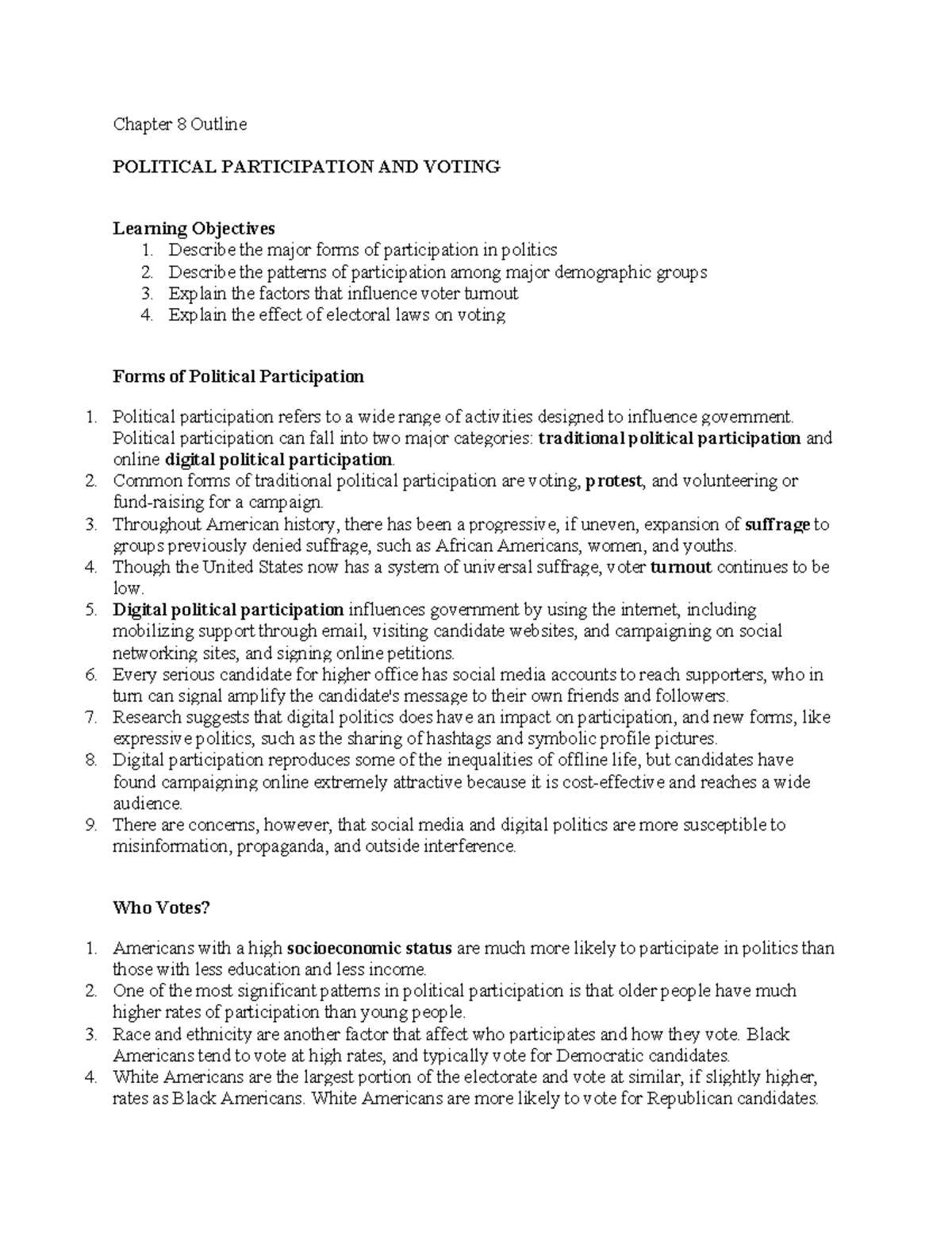 WTP13 CH08 Outline - Political Participation and voting - Chapter 8 ...