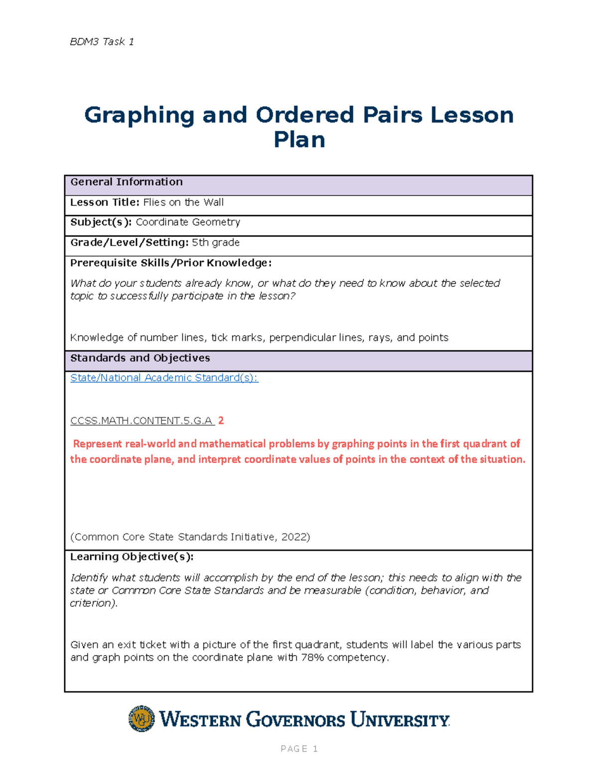 Graphing and Ordering Pairs Lesson Plan - BDM3 Task 1 Graphing and ...
