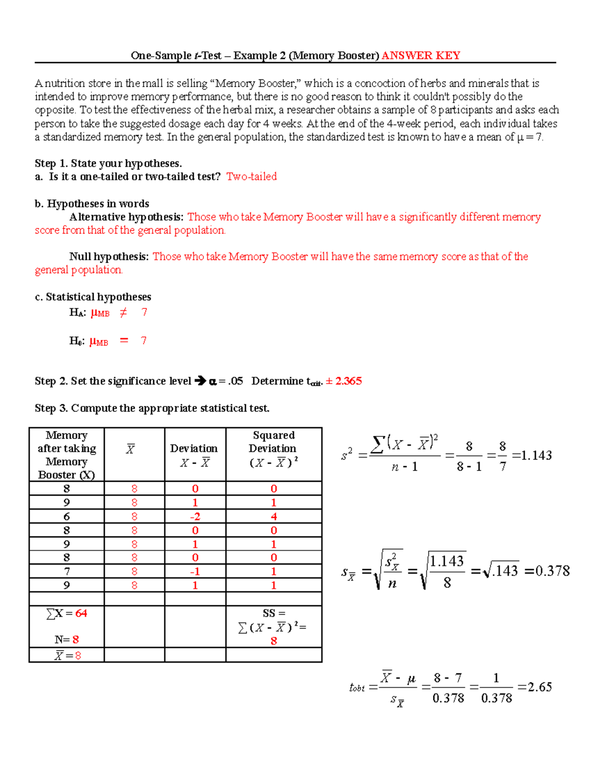 One-Sample t test Worksheet 2 - Answer KEY - Education - Studocu
