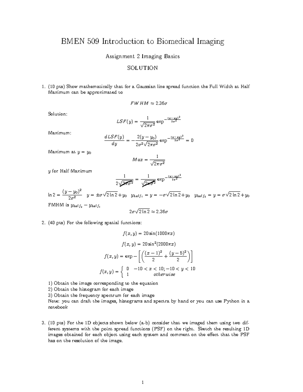Exercises Imaging Basics-Solutions - BMEN 509 Introduction to Biomedical Imaging Assignment 2 ...