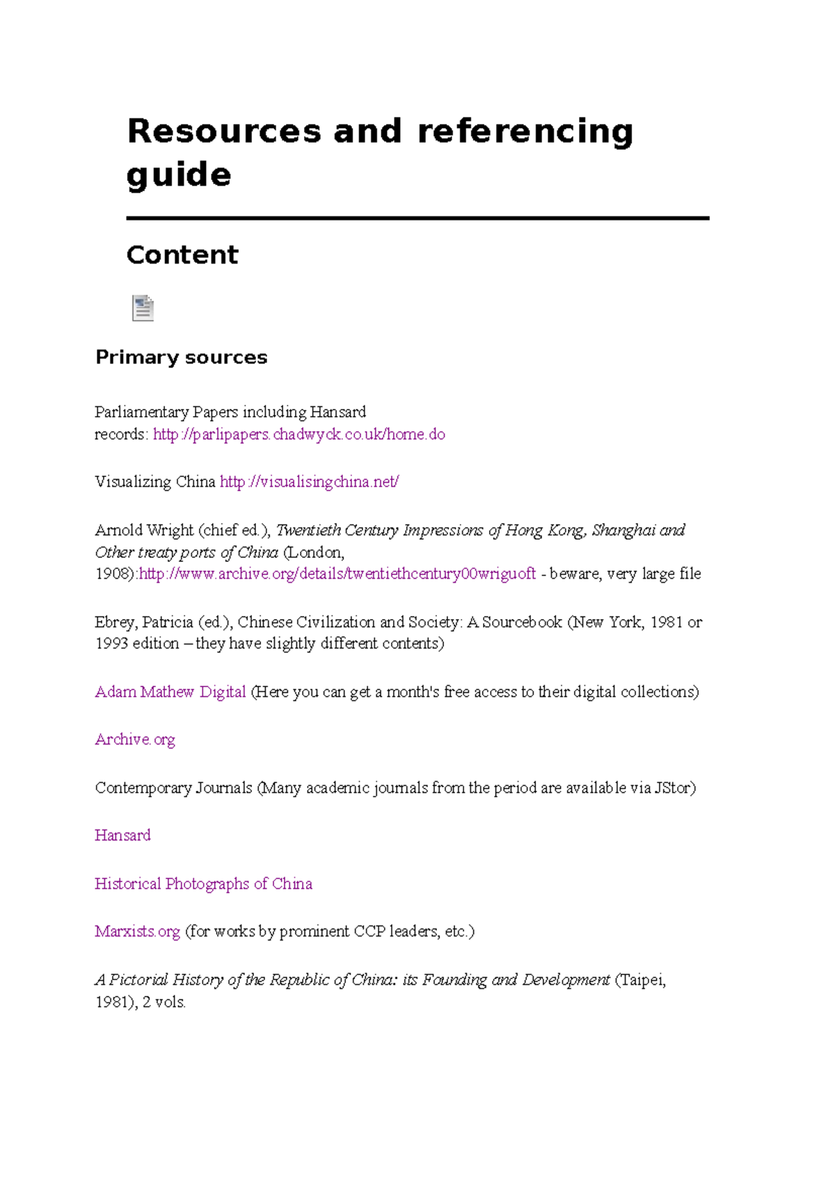 Resources and References - Resources and referencing guide Content ...